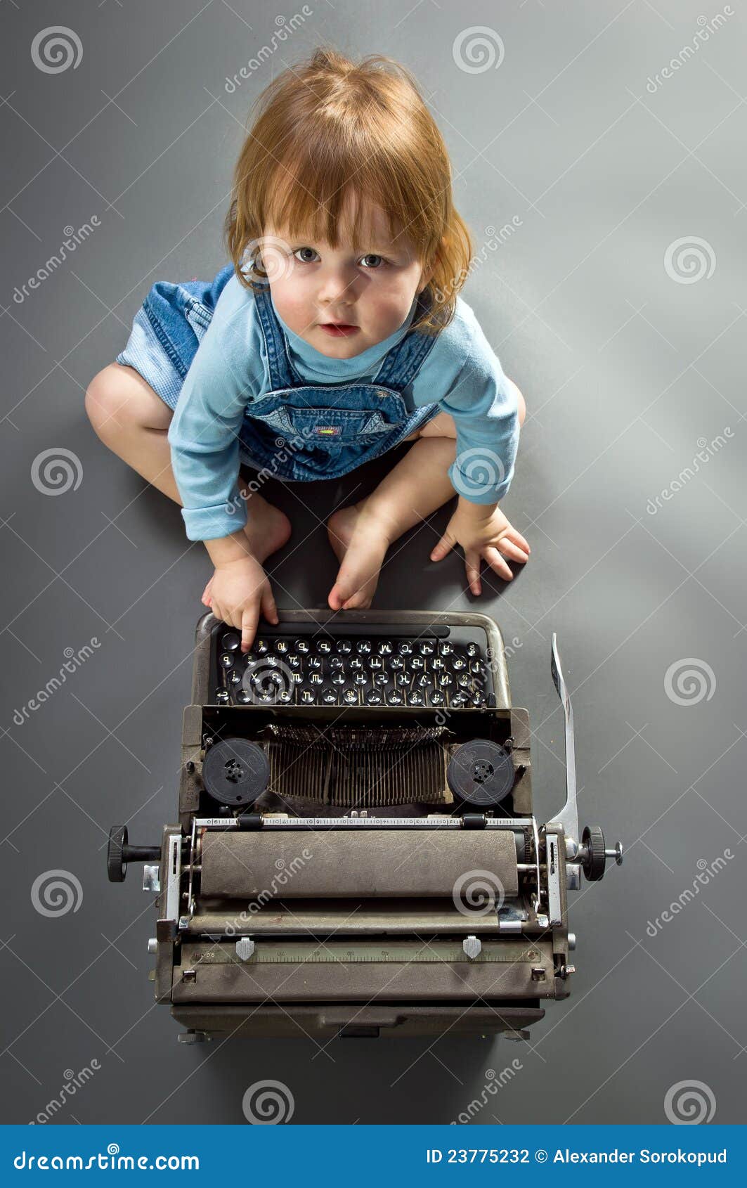 Cute Little Baby with Retro Style Typewriter Stock Photo - Image of ...