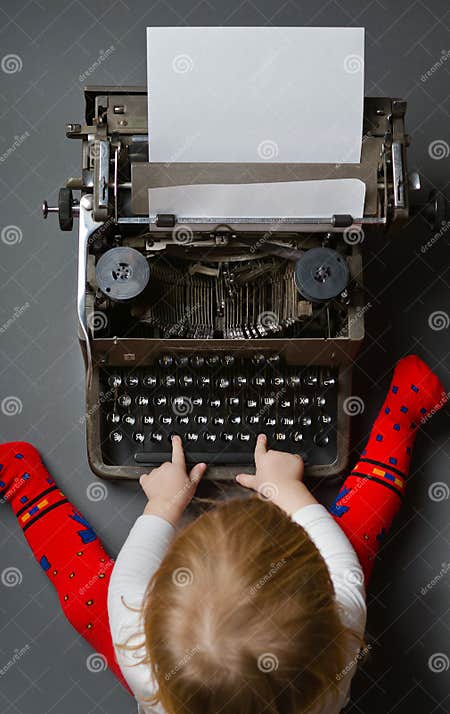 Cute Little Baby Typing on Typewriter Stock Image - Image of infant ...