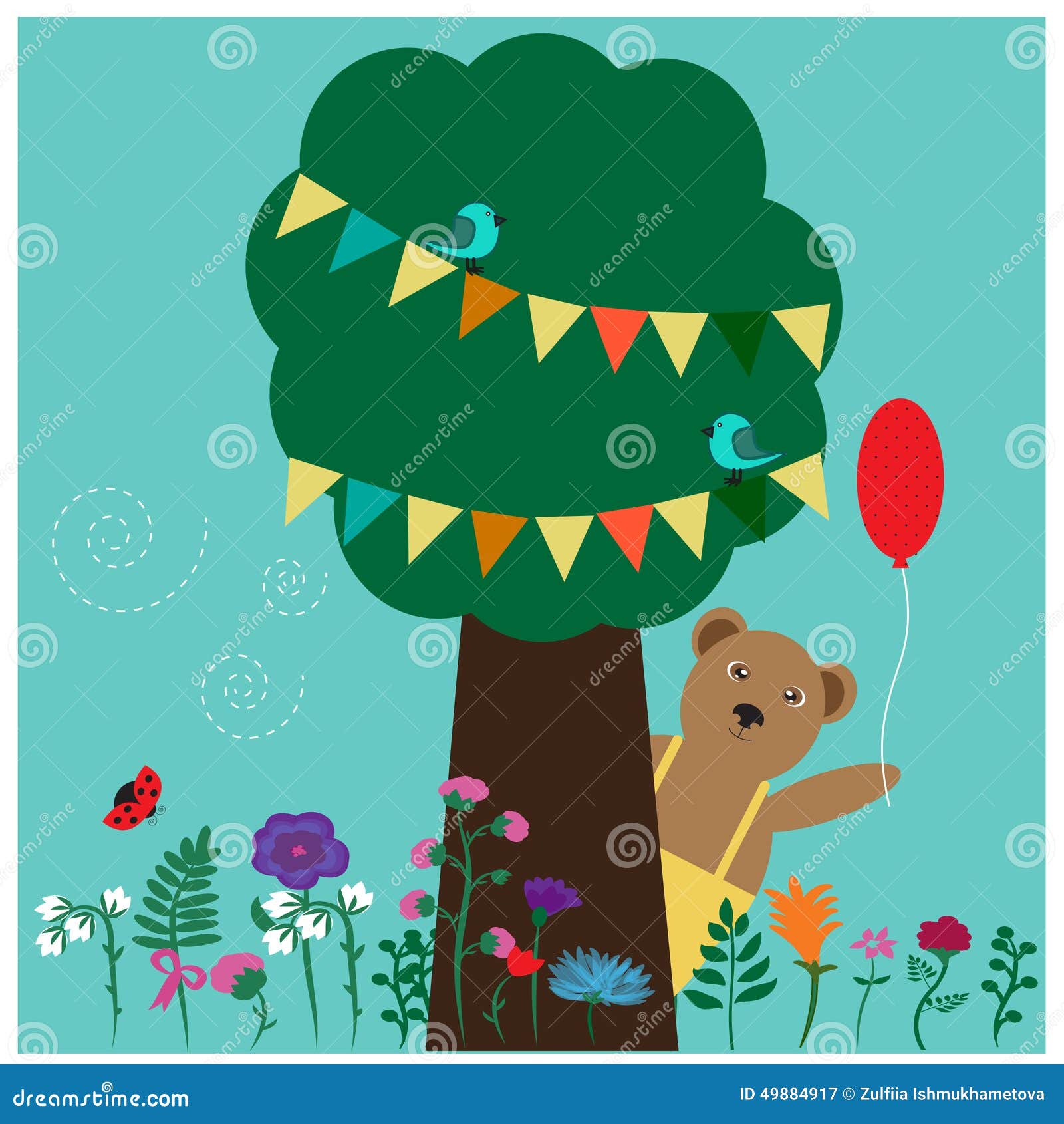 Cute Little Bear Behind a Tree Stock Vector - Illustration of flower ...