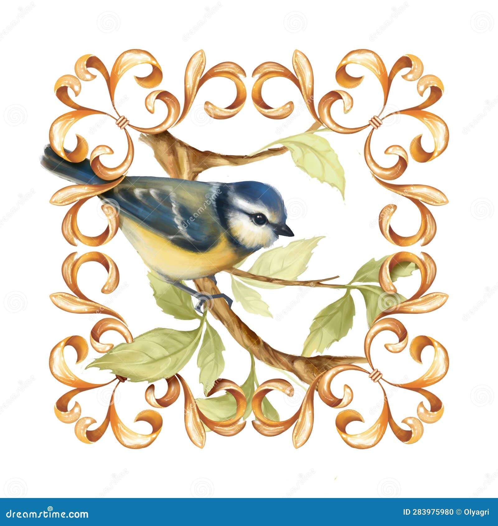 Cute Little Bird on Branch. Hand Drawn Illustration. Stock Illustration ...