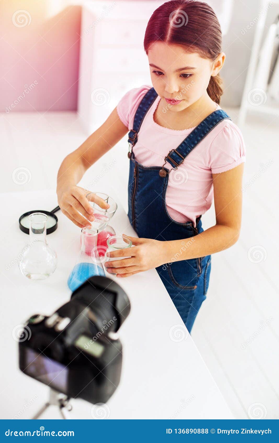 Cute Little Blogger Standing in Front of Camera Making Chemistry ...