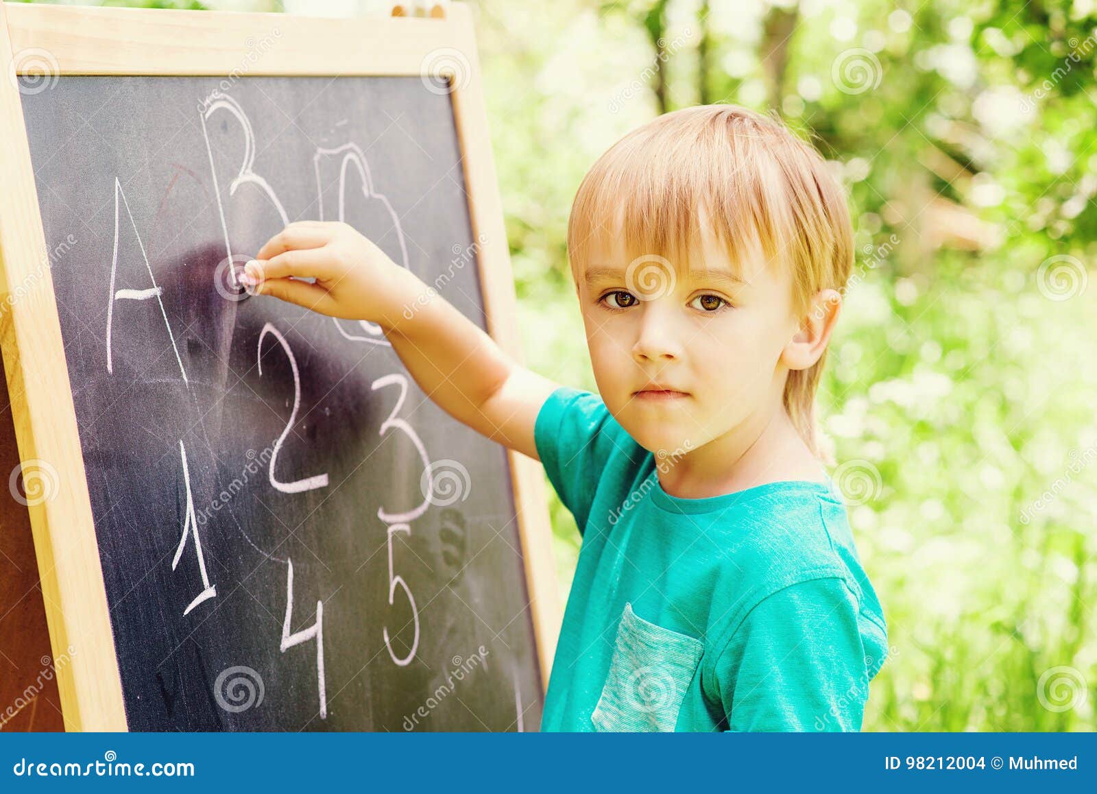 Cute Little Boy at Blackboard Practicing Counting and Math Outdoor ...