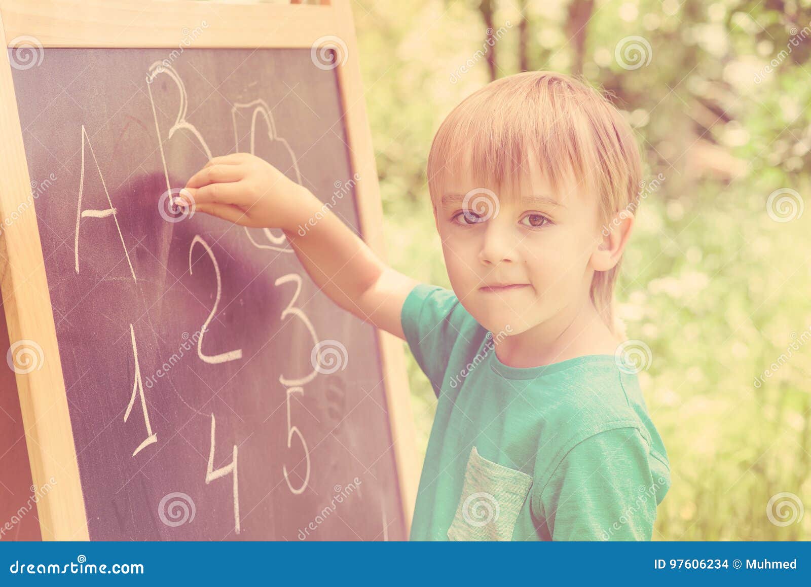 Cute Little Boy at Blackboard Practicing Counting and Math Outdoor ...