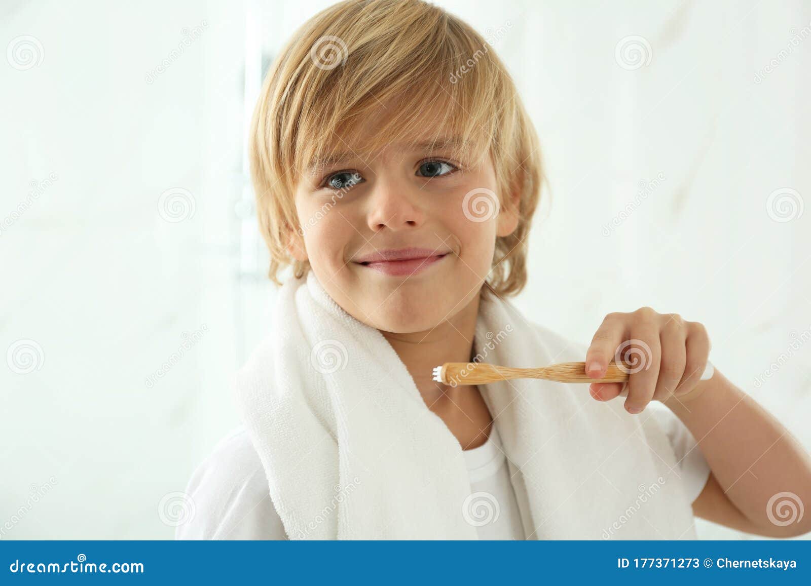 Cute Boy Brushing Teeth in Bathroom Stock Image - Image of bathroom ...