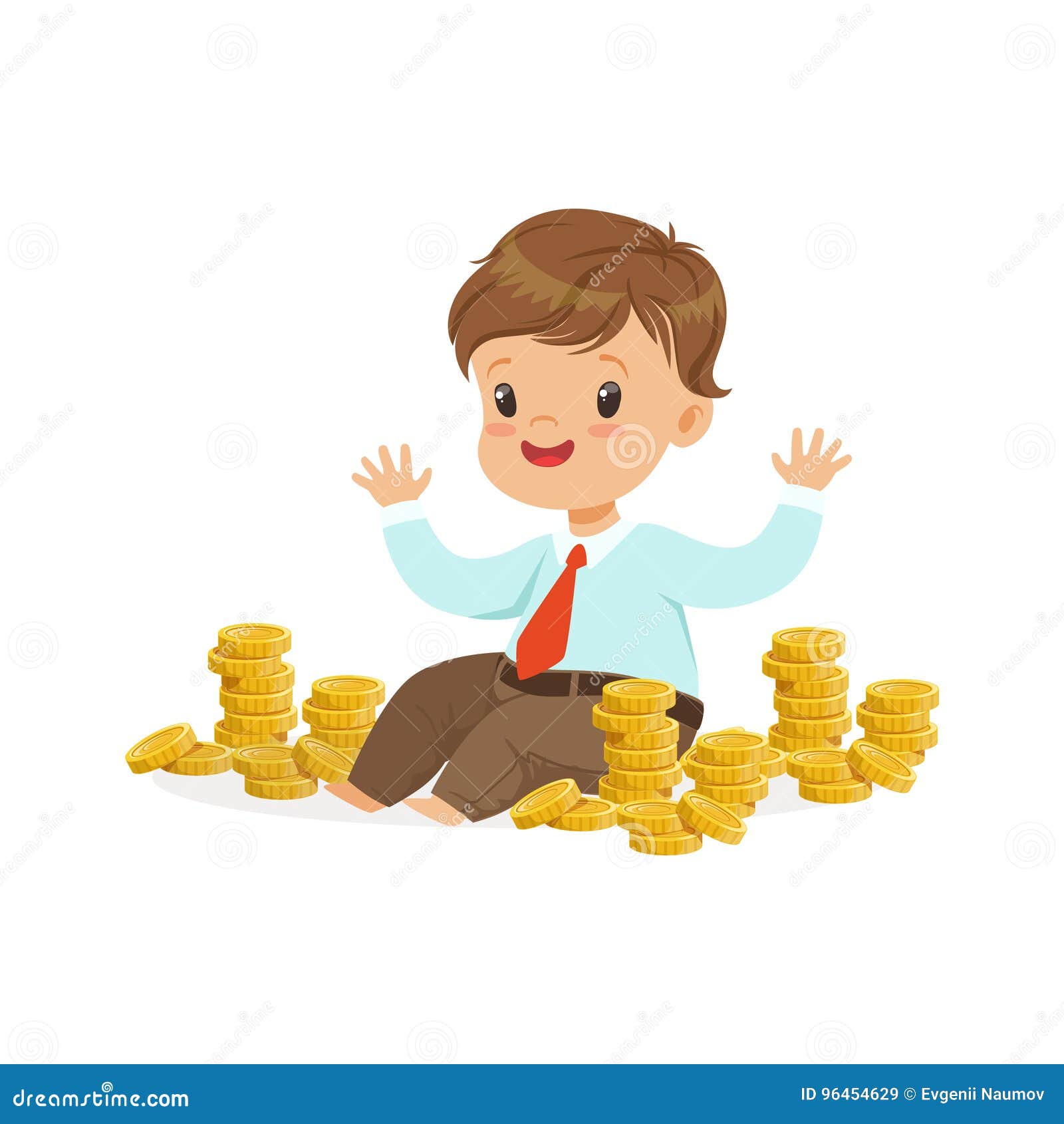 Cute Little Boy Businessman Sitting Surrounded by Stacks of Gold Coins ... Cute Little Boy Businessman Sitting Surrounded by Stacks of Gold Coins ...