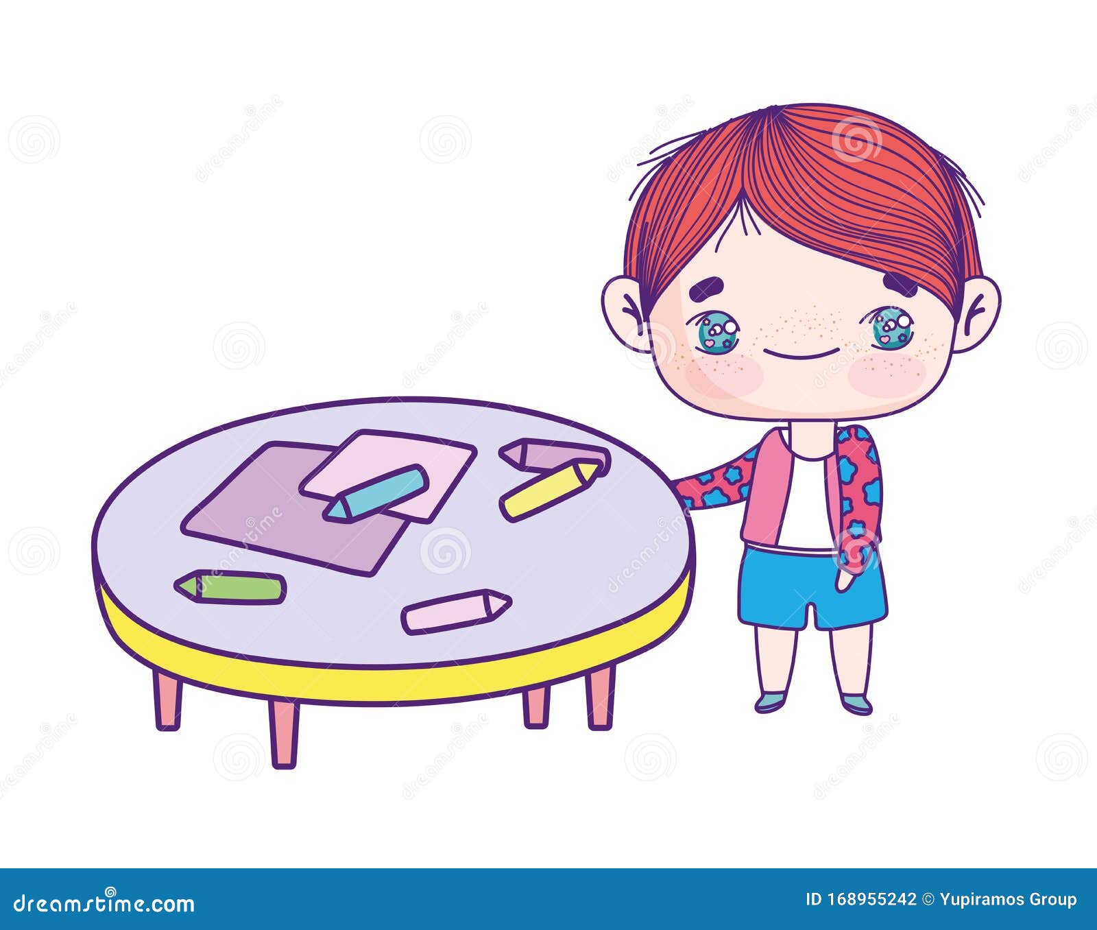 Cute Little Boy Cartoon with Table and Crayons Stock Vector ...