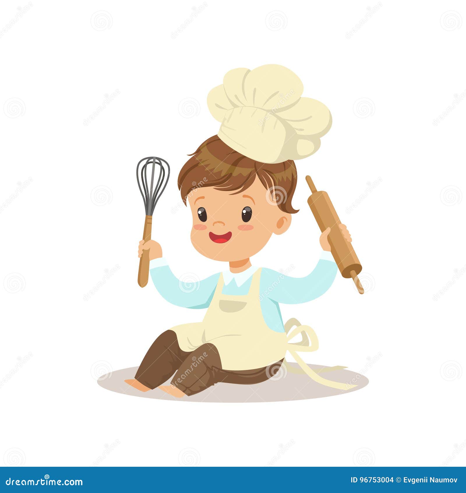 Cute Little Boy Chef with Whisk and Rolling Pin Vector Illustration ...