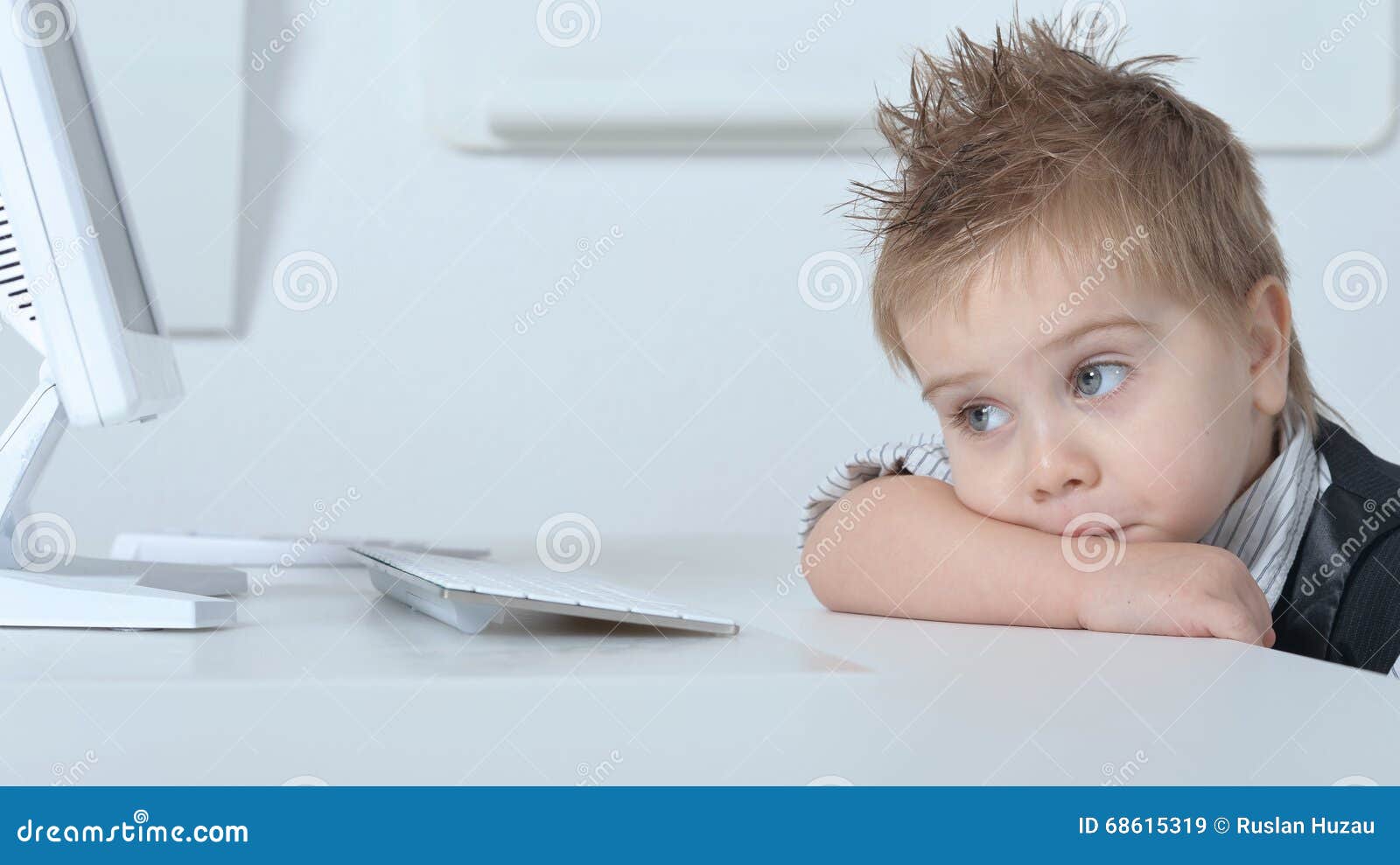 Cute Little Boy with Computer Stock Image - Image of beautiful ...