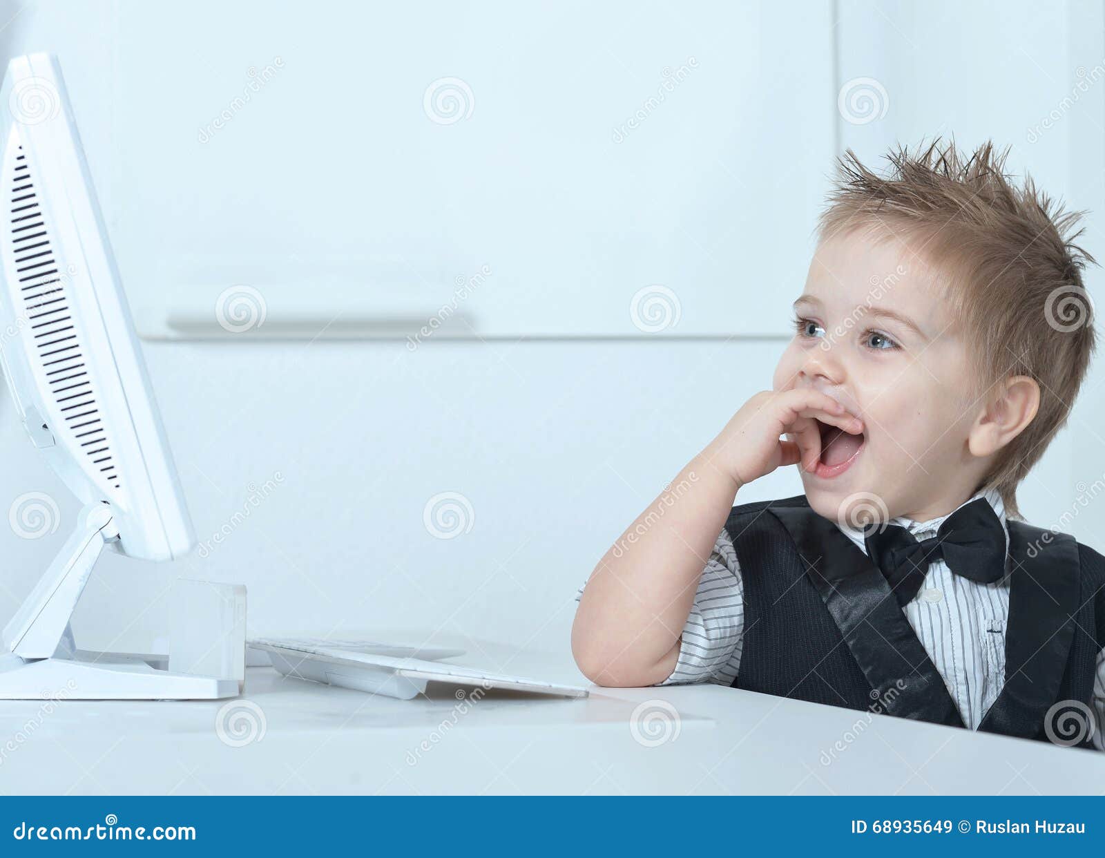 Cute Little Boy with Computer Stock Image - Image of person, technology ...