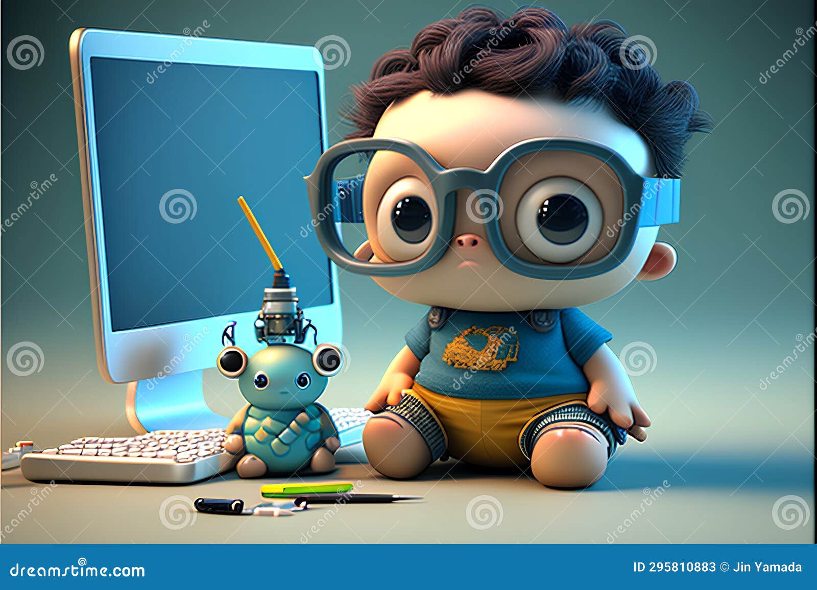 Cute Little Boy with Computer and Mouse. 3D Rendering Stock ...