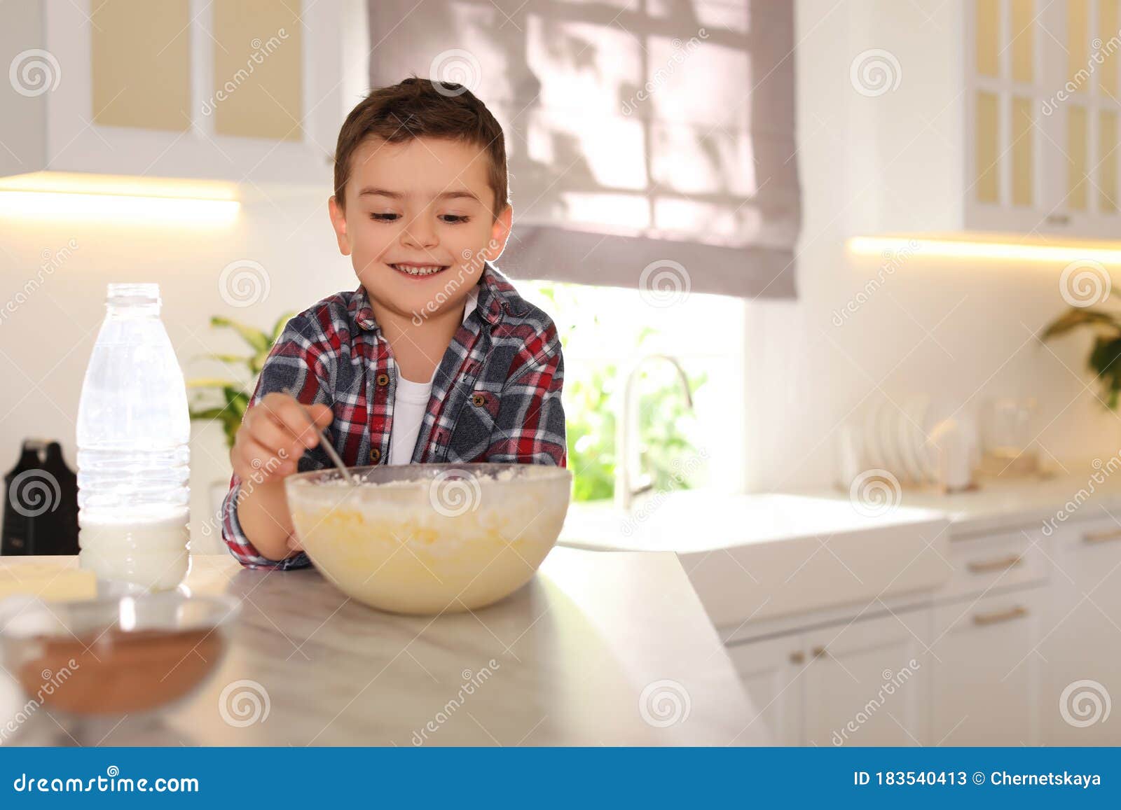Cute Little Boy Cooking Dough in Kitchen Stock Image - Image of copy ...