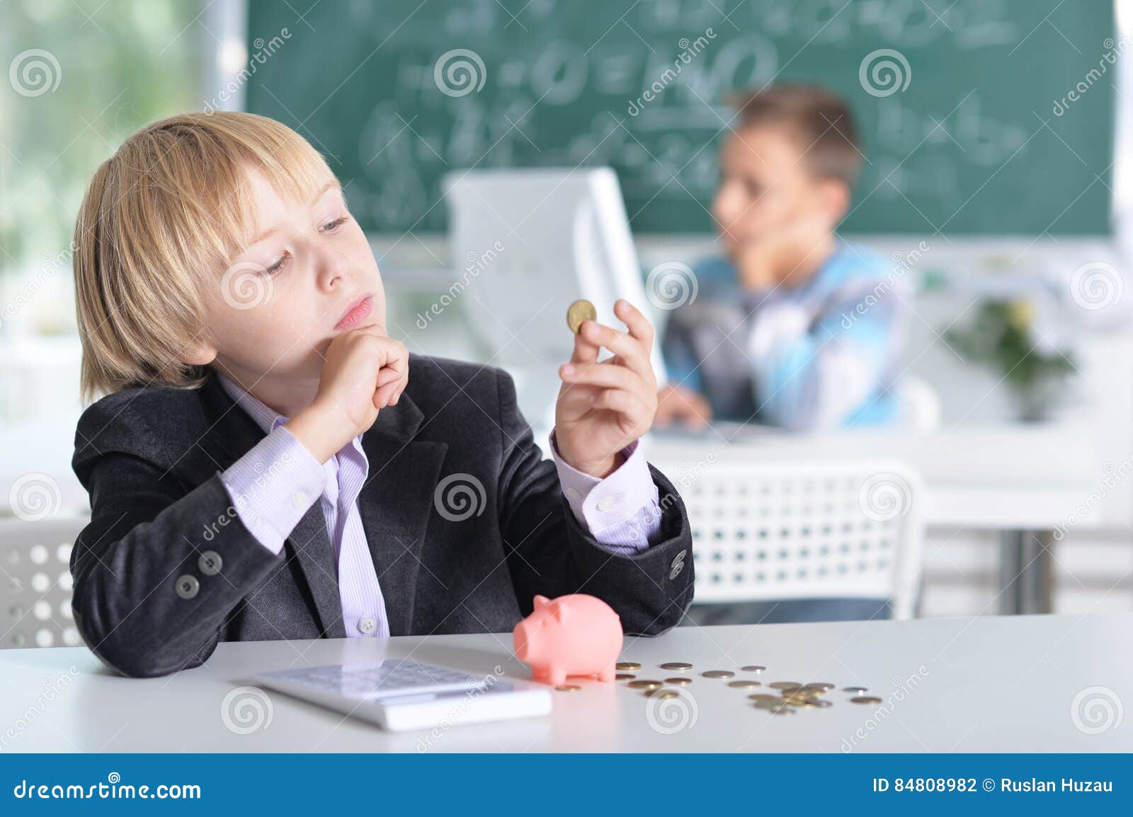 Cute Little Boy Counting Money Stock Photo - Image of diversion, people ...
