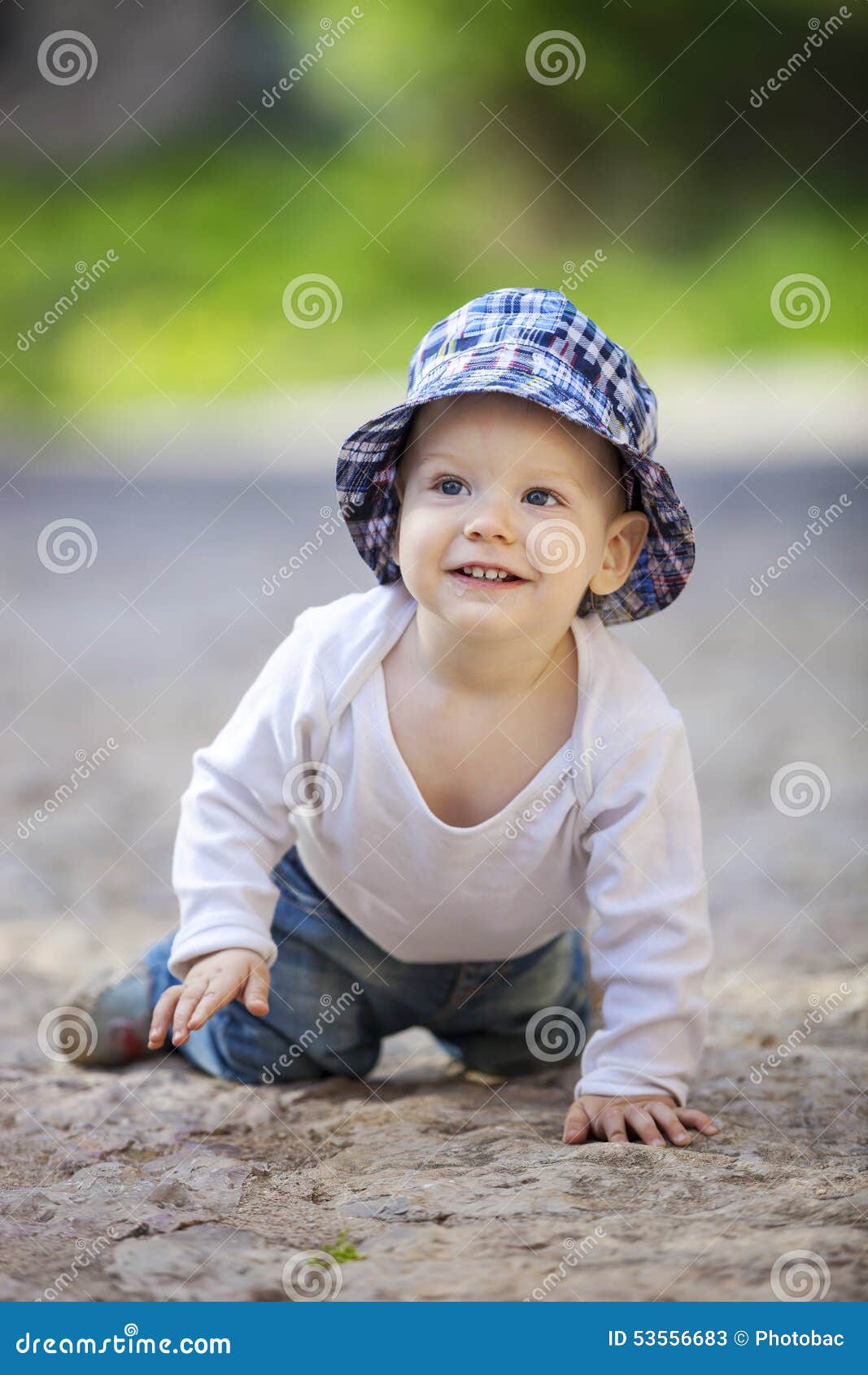 Cute Little Boy Crawling on Stone Paved Sidewalk Stock Image - Image of ...