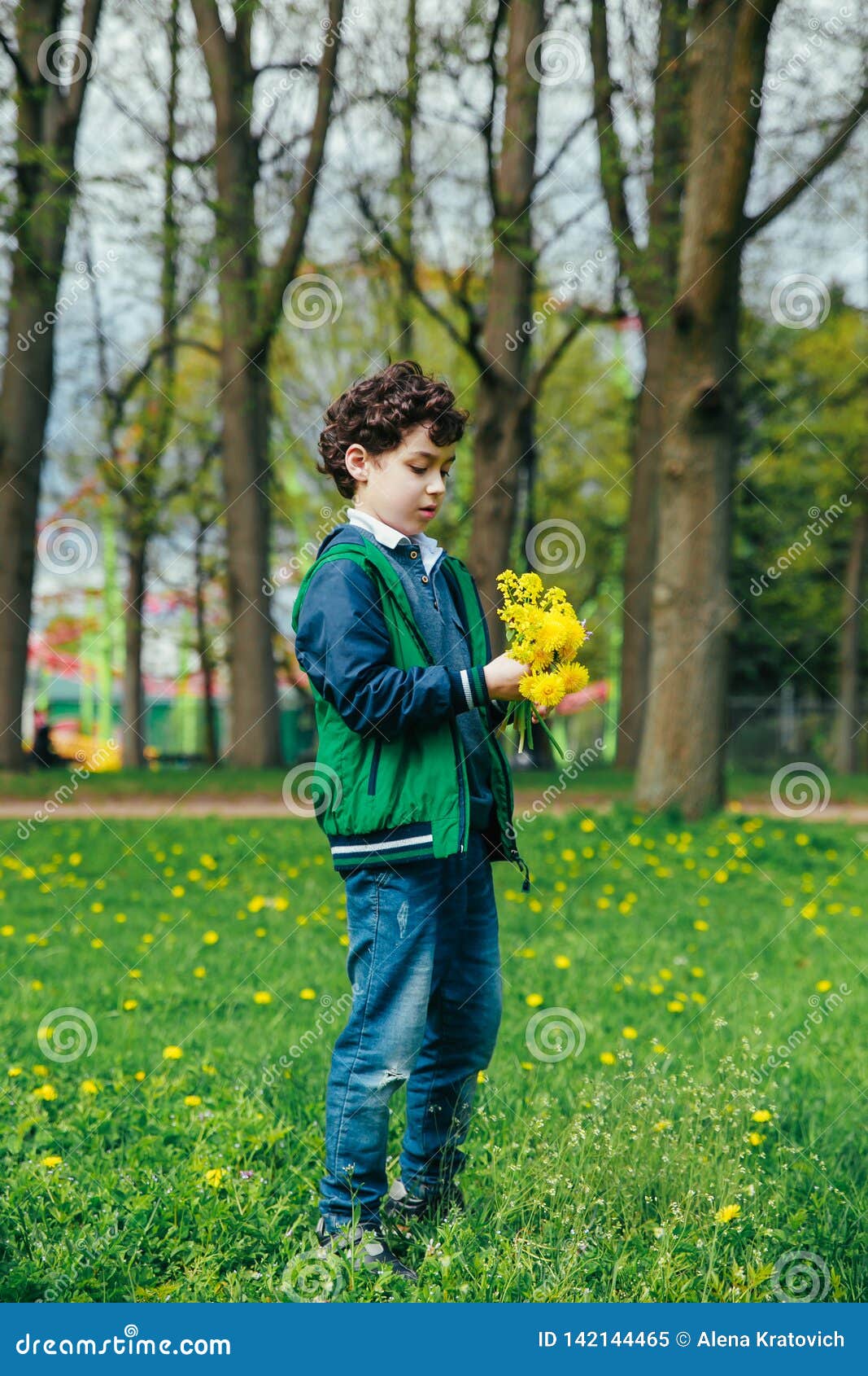 Cute Little Boy with Dandelions in Park on Warm Spring Day, Stock Image ...