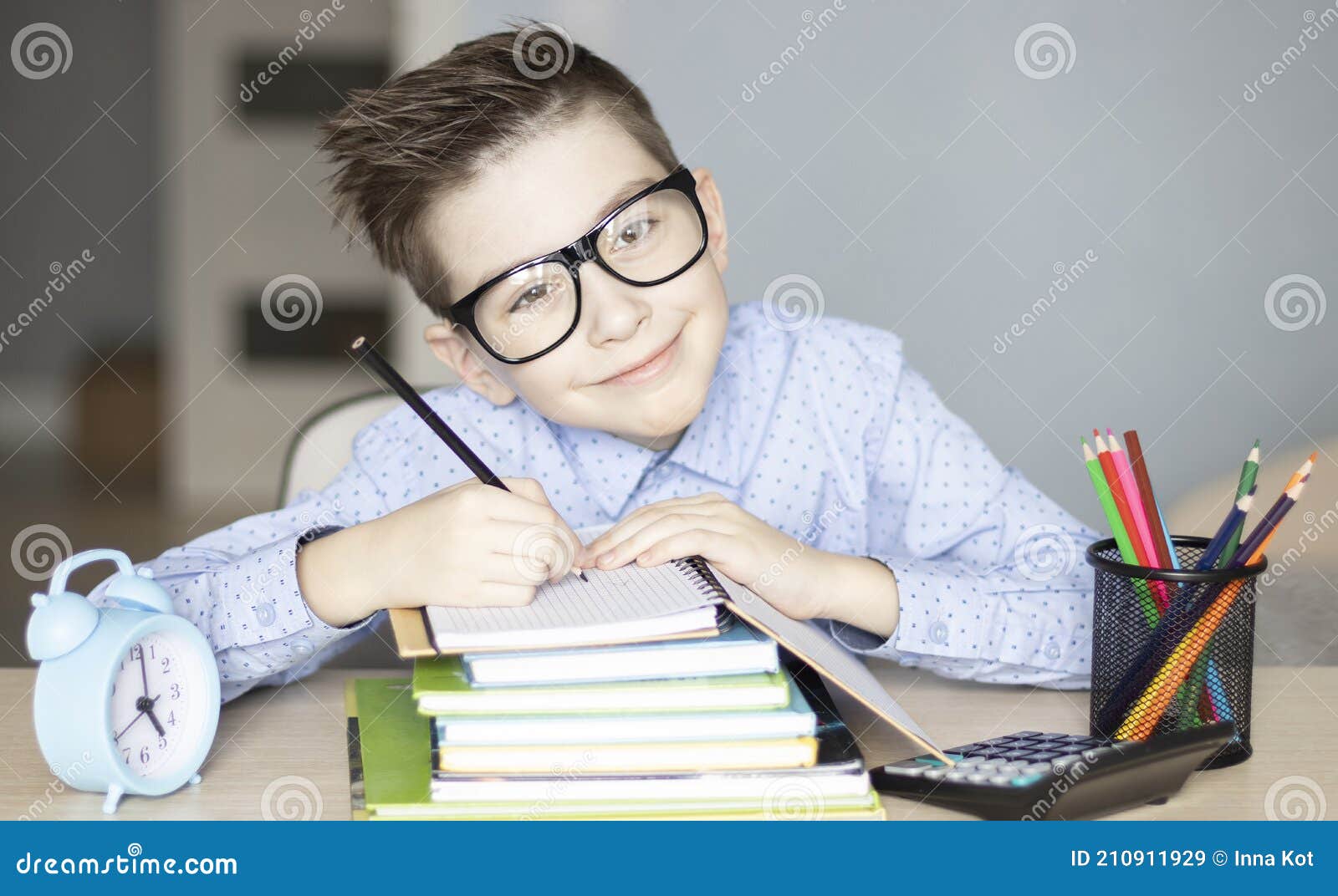 Cute Little Boy Doing Homework. Child Learning Stock Image - Image of ...