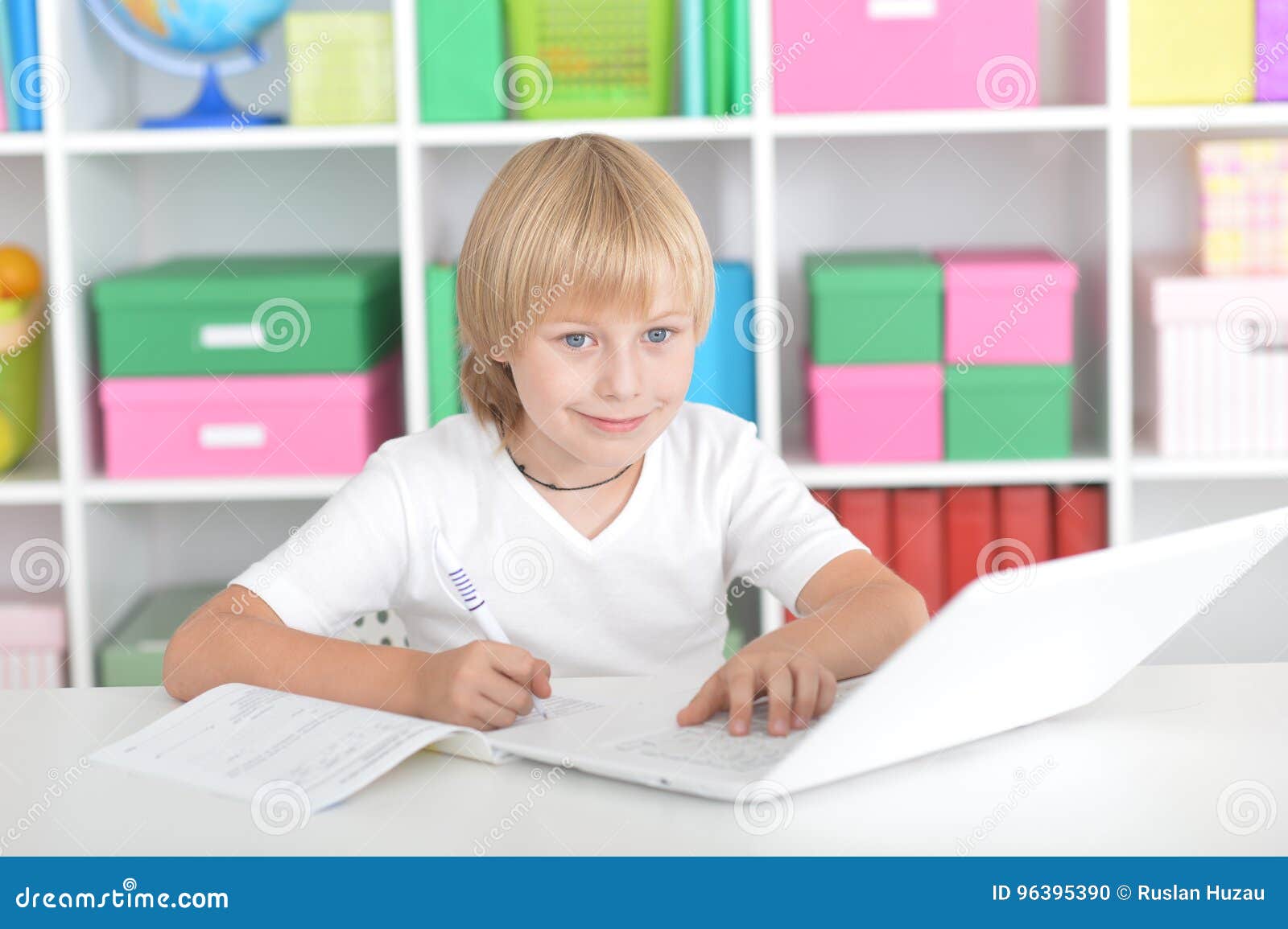 Cute Little Boy Doing Homework Stock Photo - Image of education ...