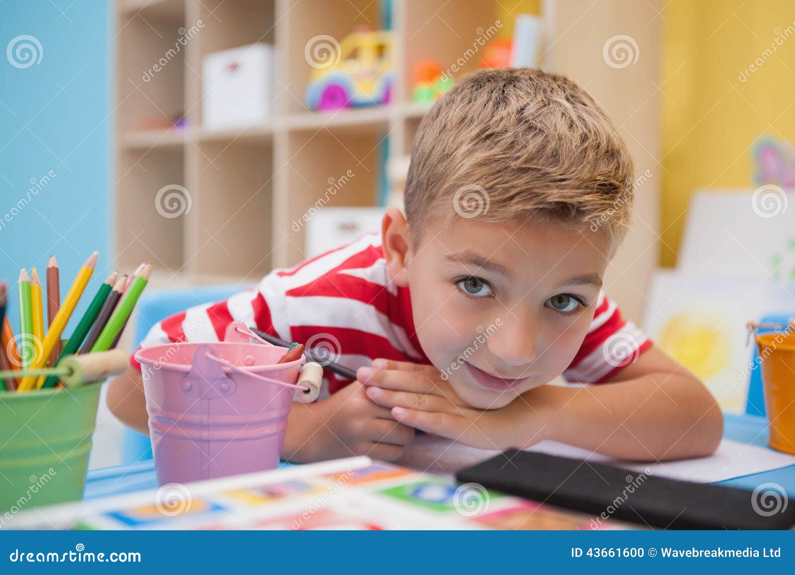 Cute Little Boy Drawing at Desk Stock Photo - Image of playschool ...