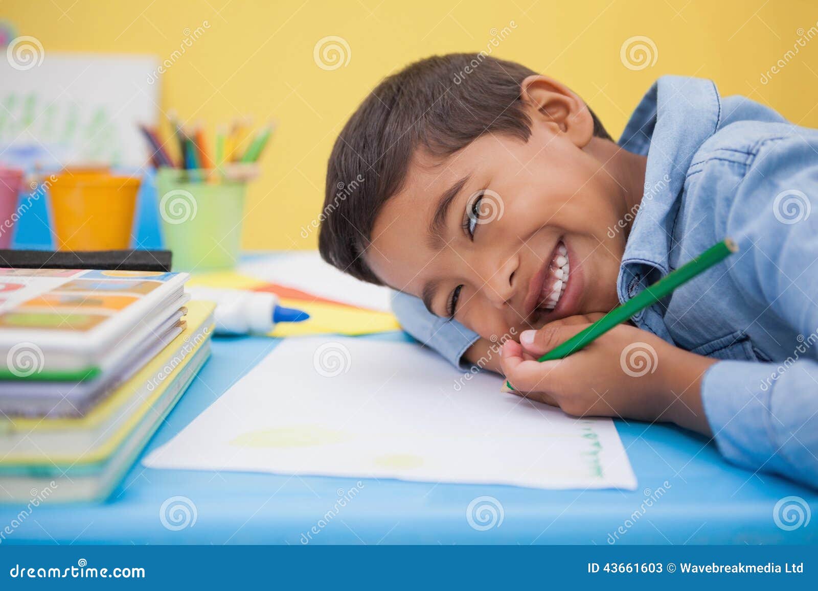 Cute Little Boy Drawing at Desk Stock Image - Image of indoors ...