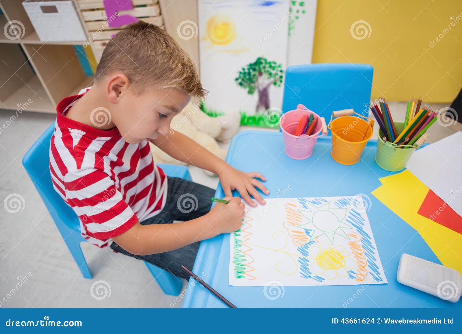 Cute Little Boy Drawing at Desk Stock Photo - Image of creating, male ...