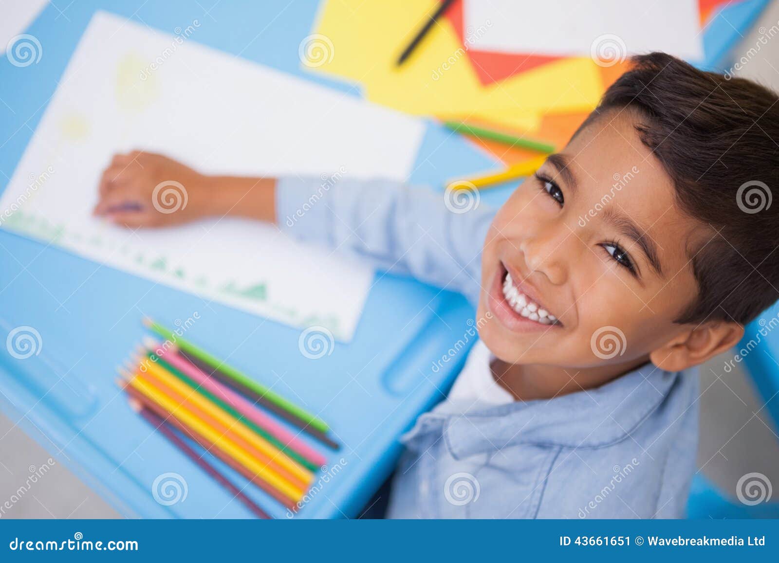 Cute Little Boy Drawing at Desk Stock Image - Image of school ...