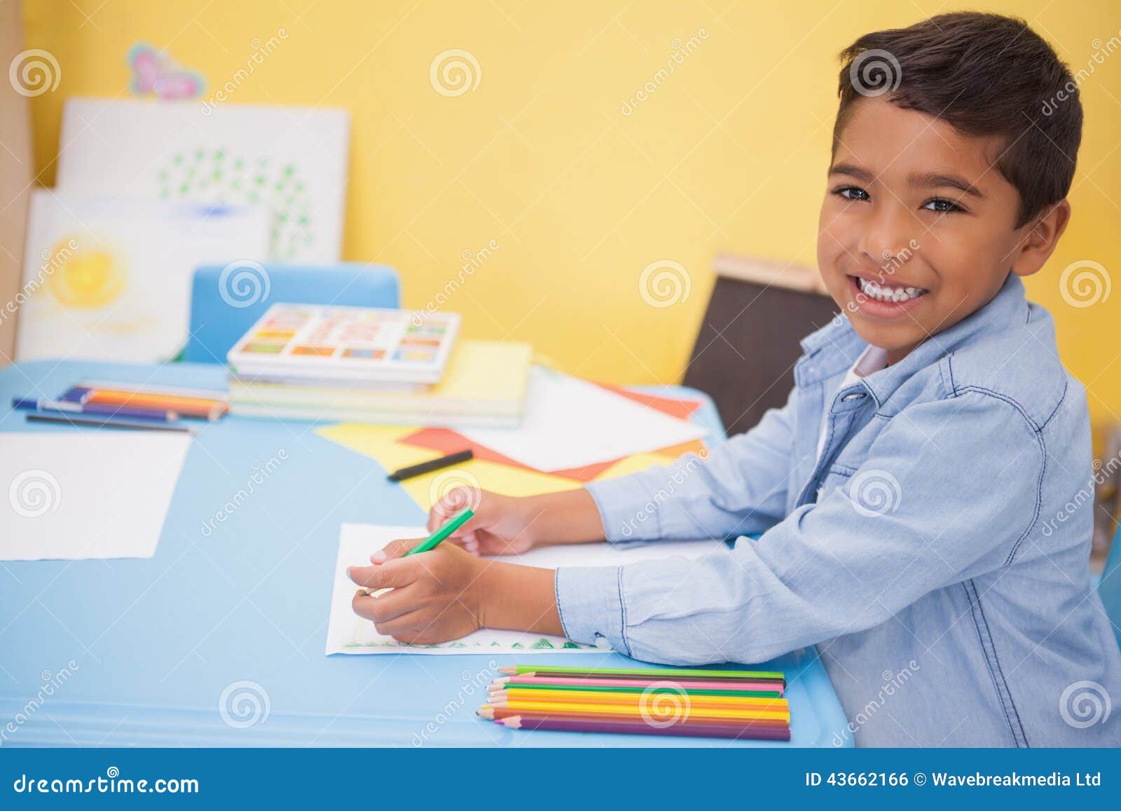 Cute Little Boy Drawing at Desk Stock Photo - Image of education ...