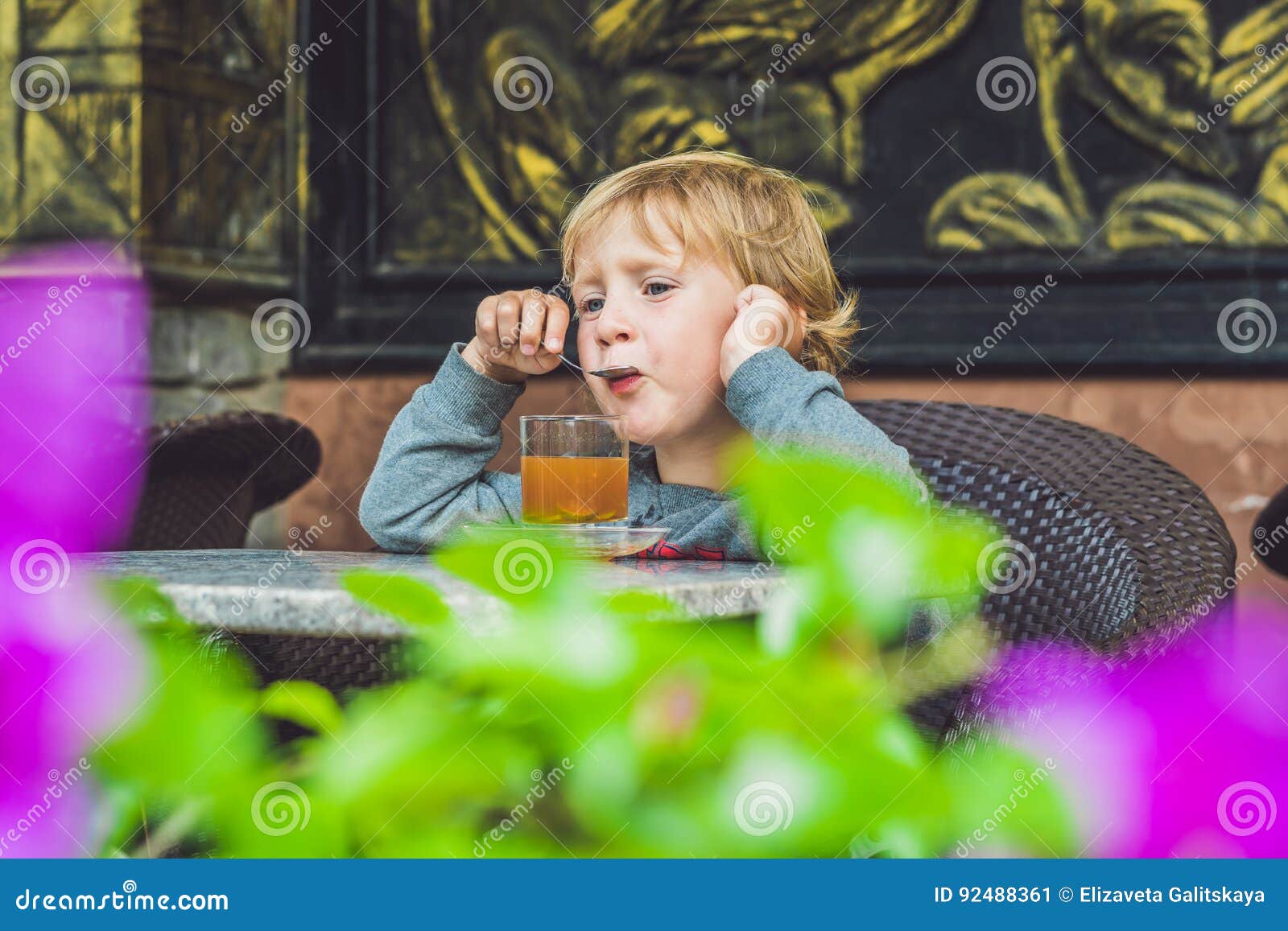 Cute Little Boy Drinking Tea in Cafeteria Stock Image - Image of happy ...