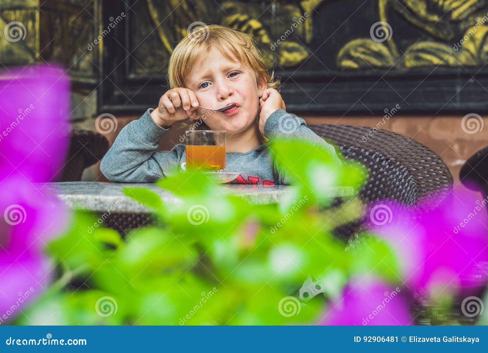 Cute Little Boy Drinking Tea in Cafeteria Stock Image - Image of ...