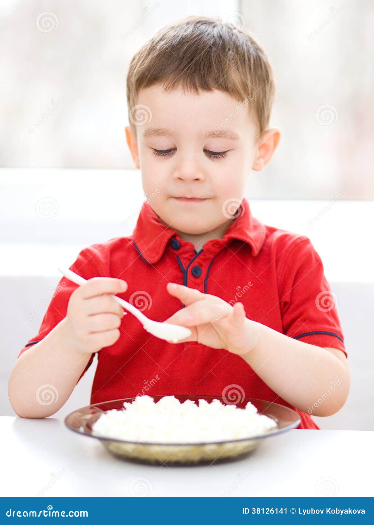 Cute Little Boy is Eating Cottage Cheese Stock Image - Image of dairy ...