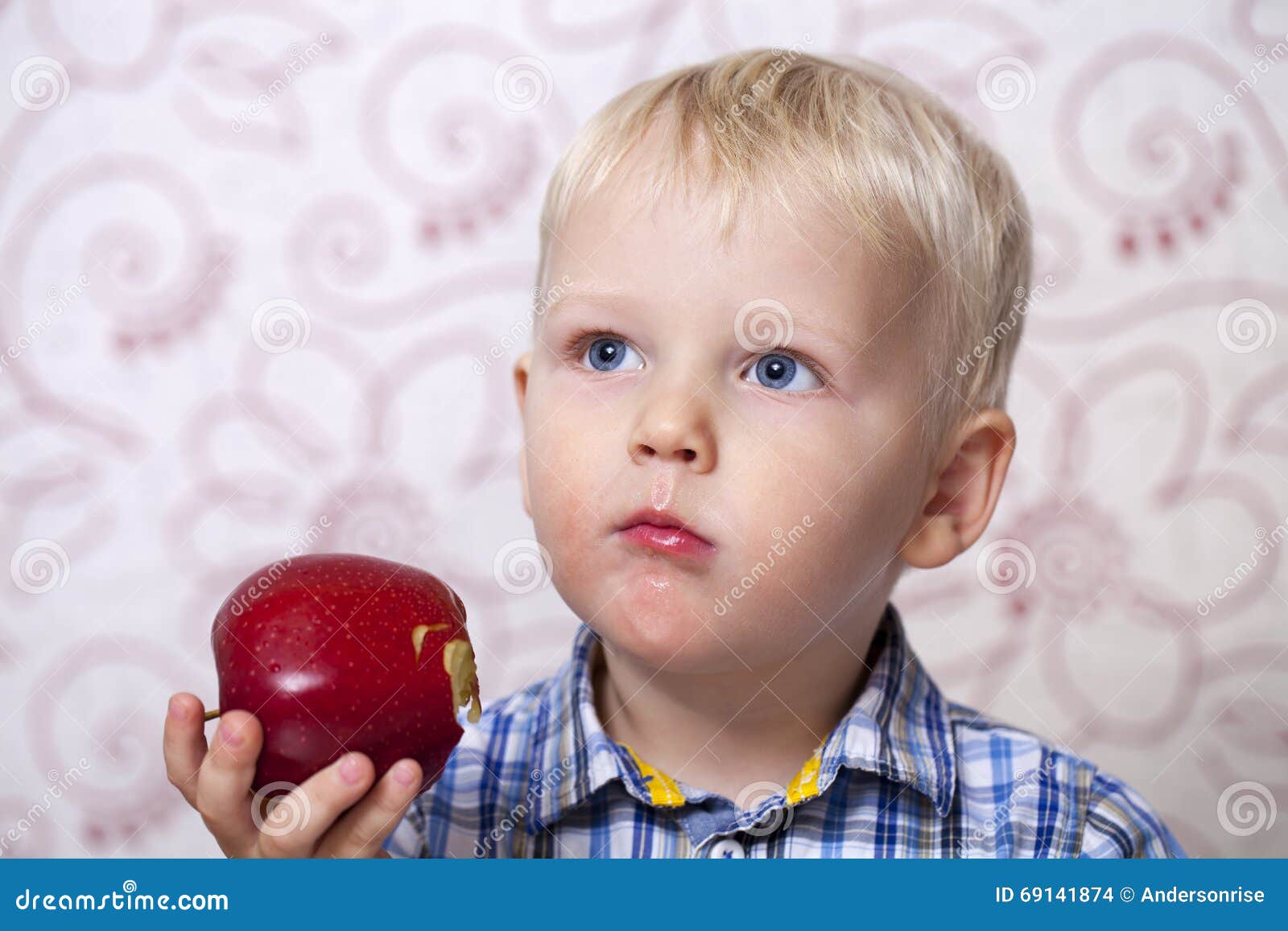 Cute Little Boy Eating Red Apple Stock Photo - Image of caucasian ...