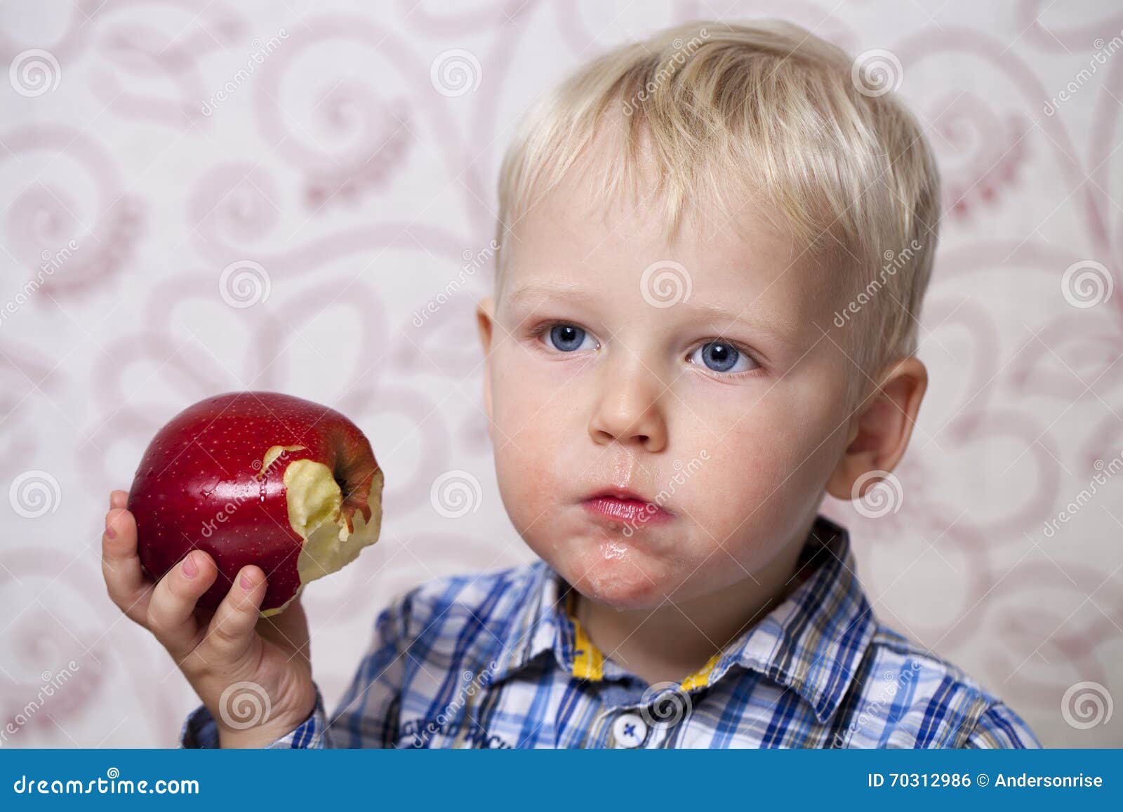 Cute Little Boy Eating Red Apple Stock Photo - Image of child, apple ...