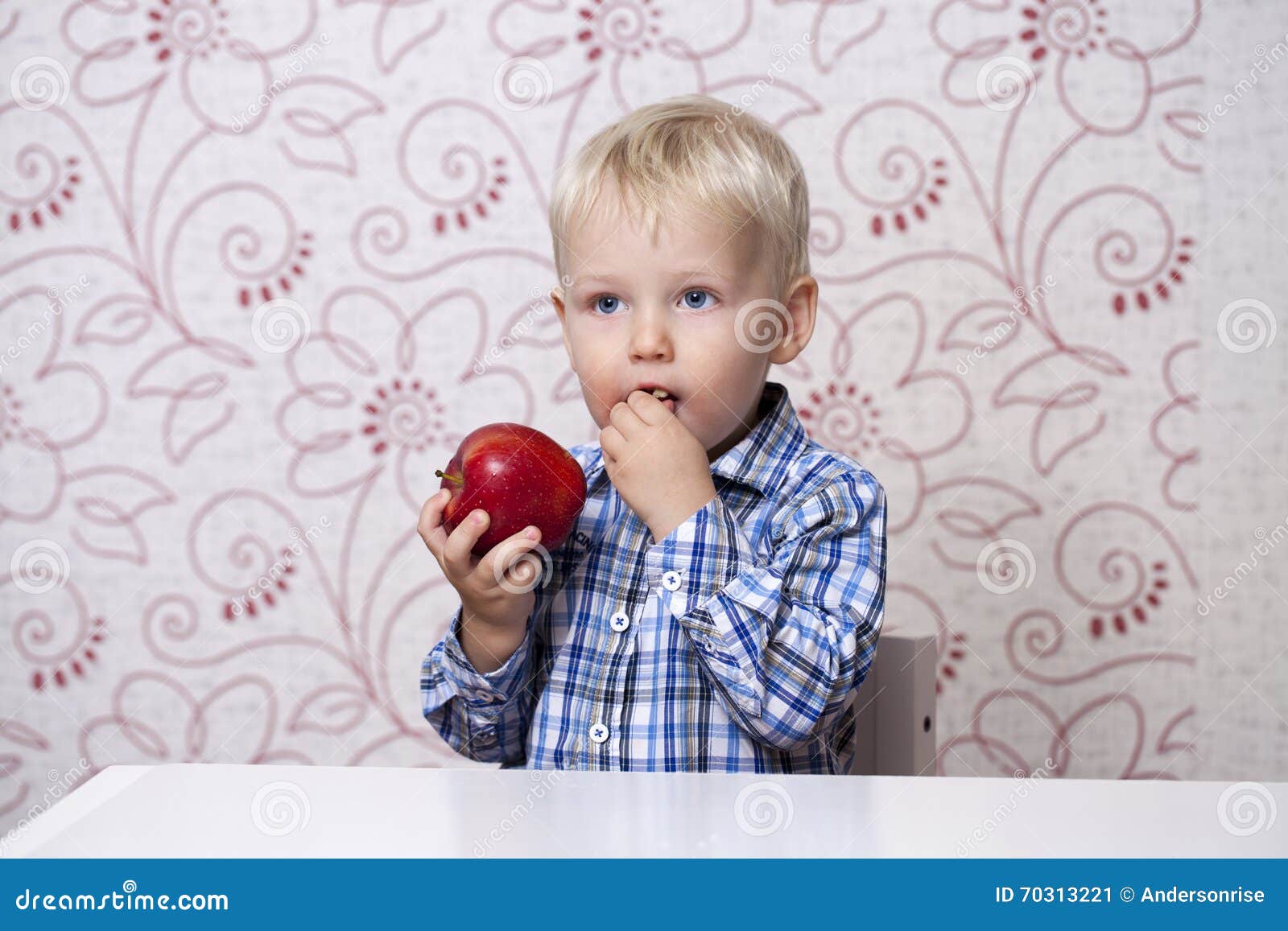 Cute Little Boy Eating Red Apple Stock Image - Image of closeup ...