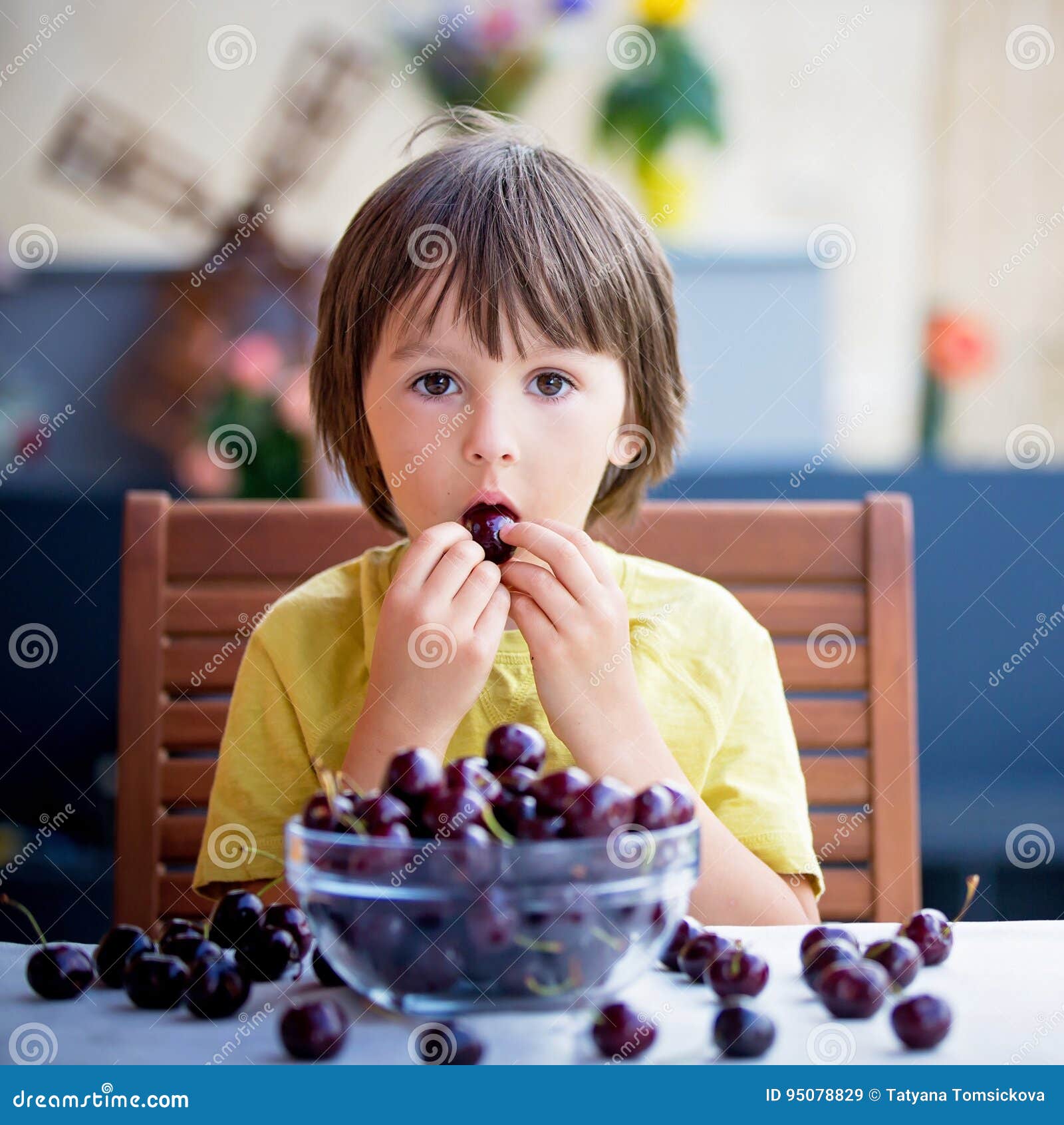 Cute Little Boy, Eating Sweet Cherry Outdoors Stock Image - Image of ...