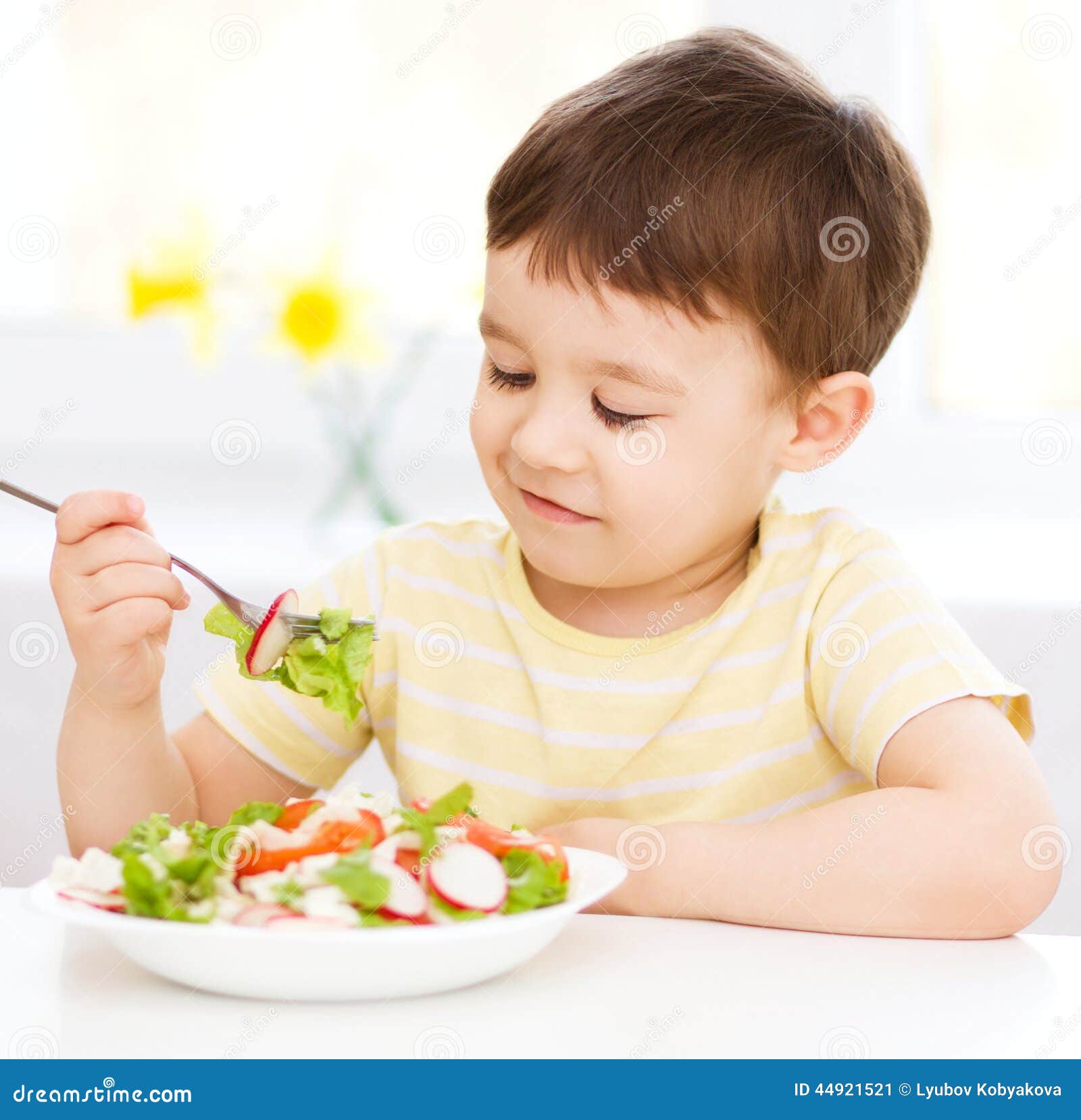 Cute Little Boy is Eating Vegetable Salad Stock Image - Image of ...