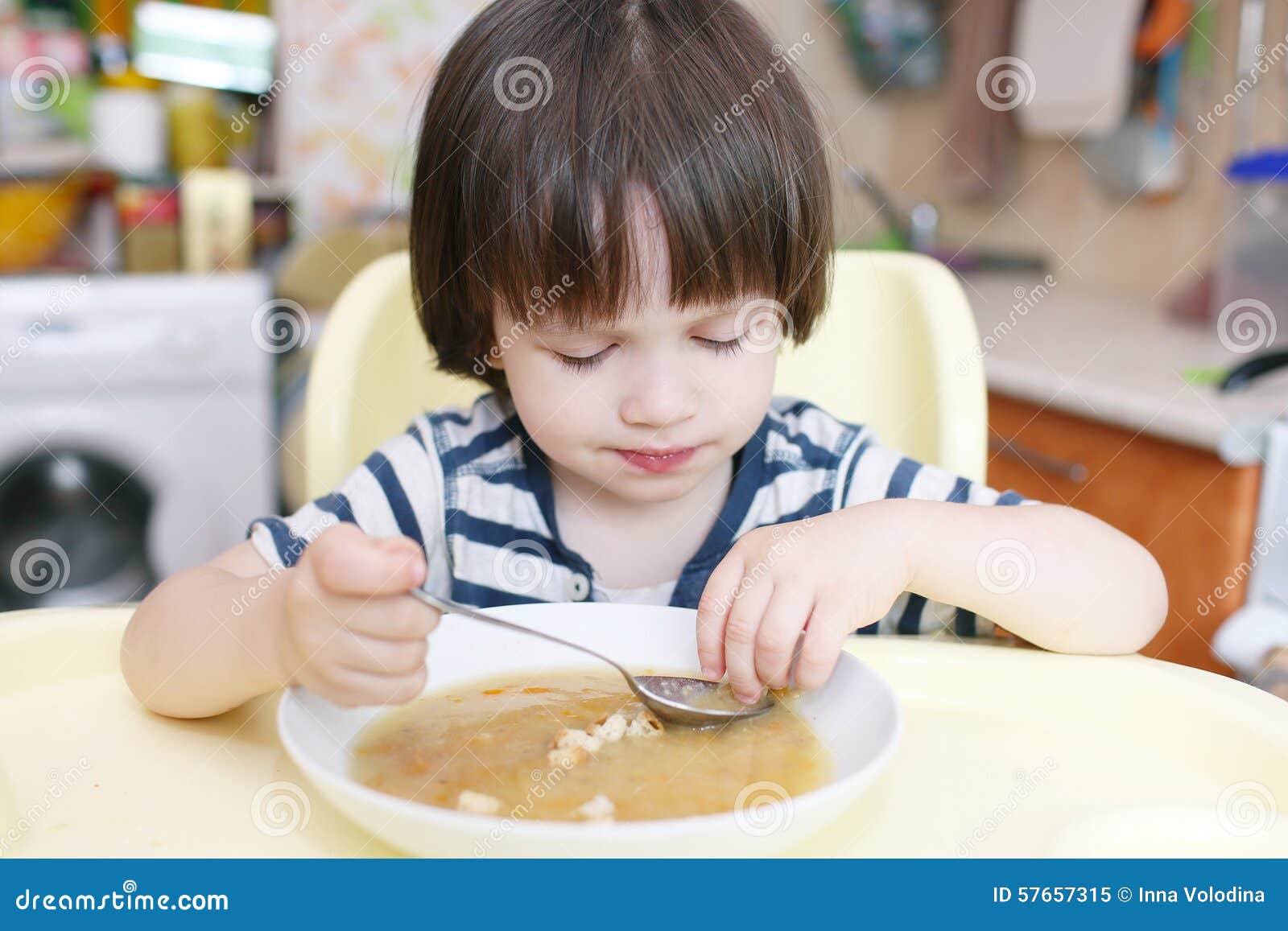 Cute Little Boy Eats Pea Soup Stock Image - Image of beautiful, young ...