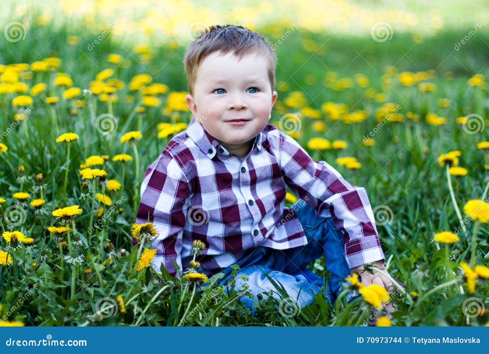 Cute Little Boy with Flowers Outdoors Stock Photo - Image of child ...