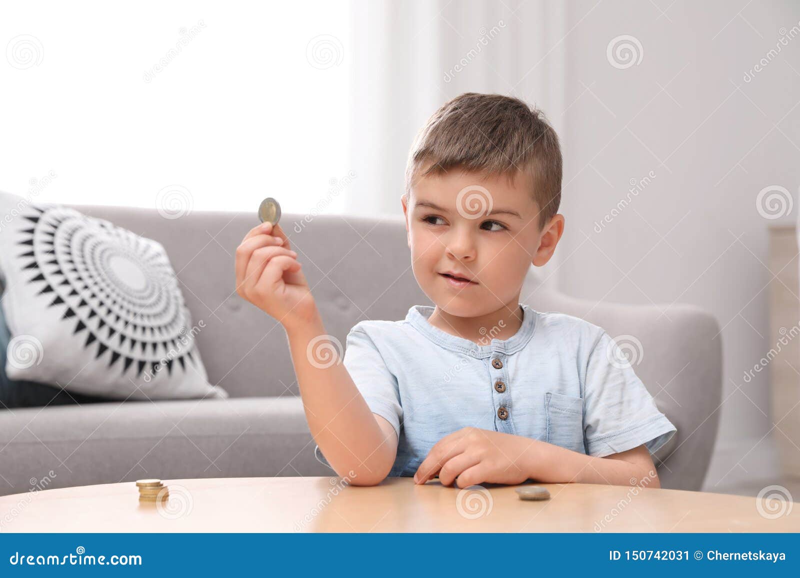 Cute Little Boy Holding Coin Stock Image - Image of hope, growth: 150742031