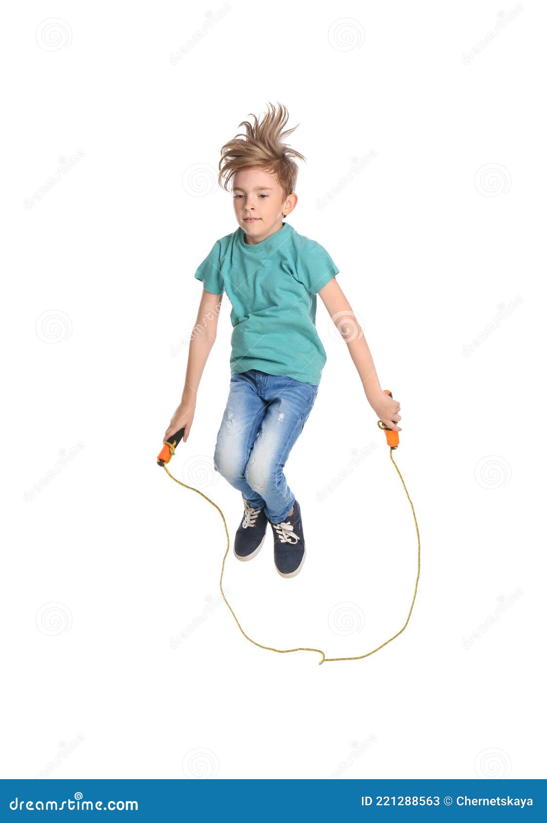 Cute Little Boy with Jump Rope on White Background Stock Image - Image ...