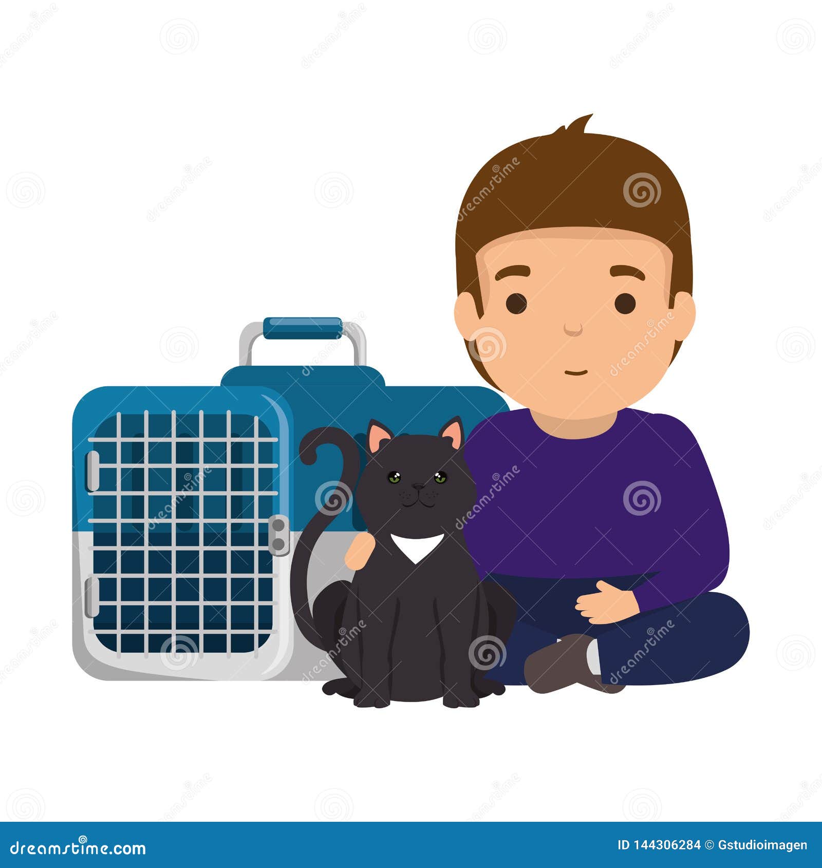 Cute Little Boy with Kitty in Transport Box Stock Vector - Illustration ...
