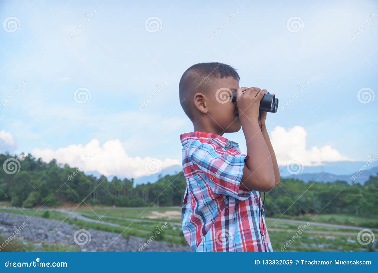 Cute Little Boy Looking through Binocular Stock Image - Image of ...