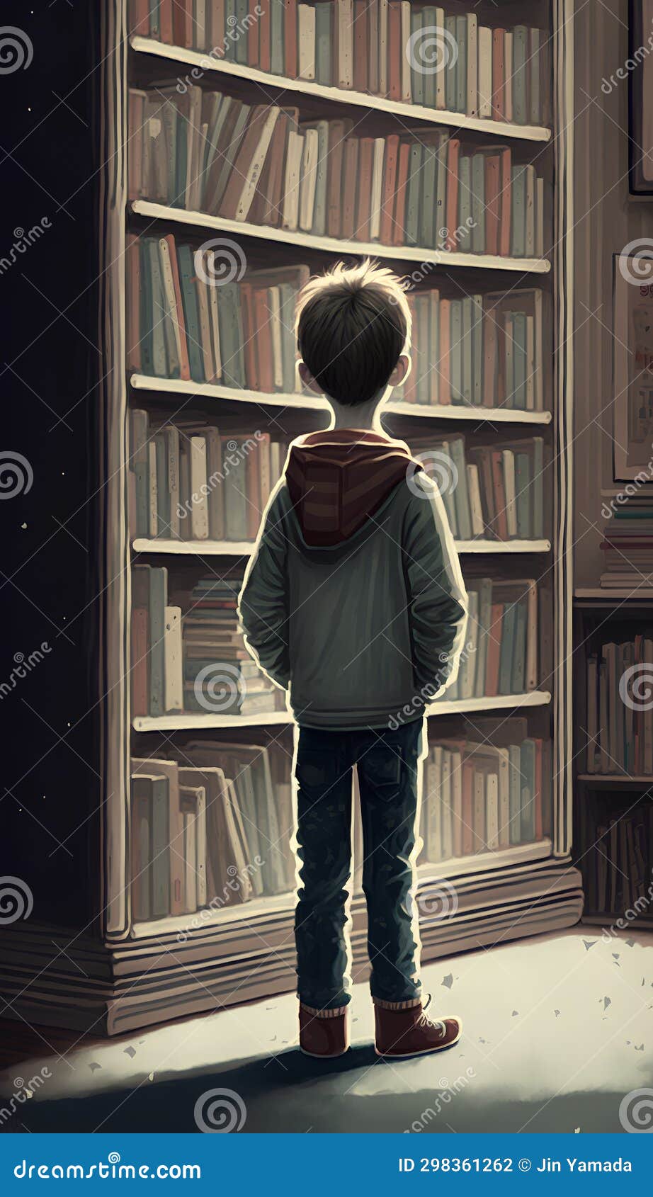 Cute Little Boy Looking at Bookshelf. Back View Stock Illustration ...
