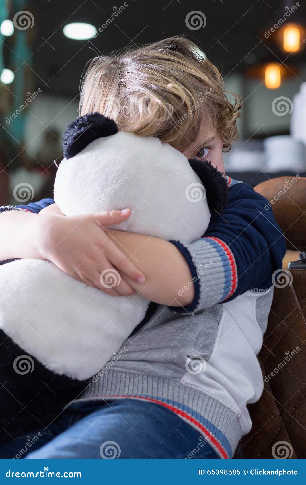 Cute Little Boy Looking at Camera while Hugging Panda Toy Stock Image ...
