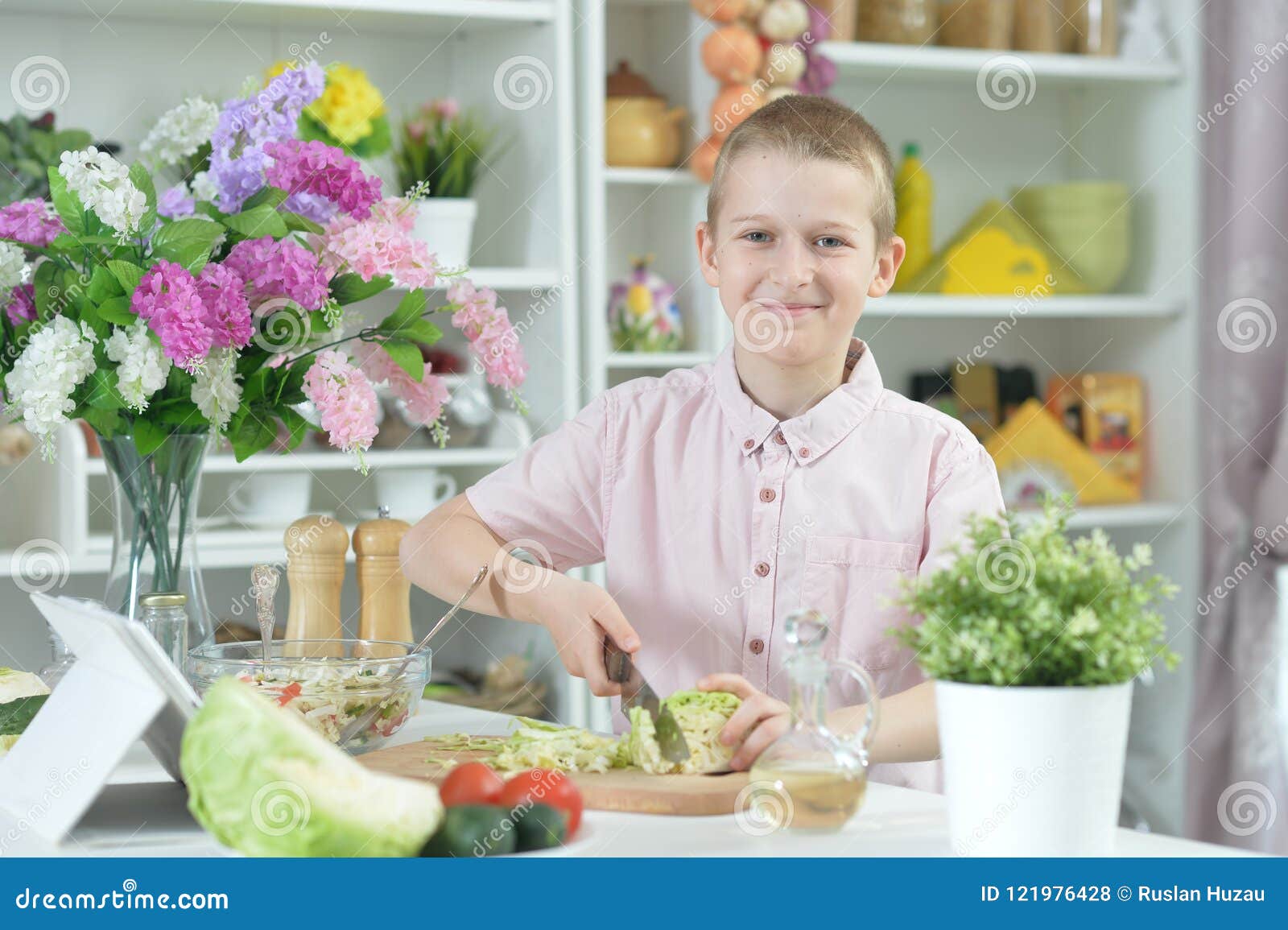 Cute Little Boy Making Dinner Stock Photo - Image of indoors, nutrition ...