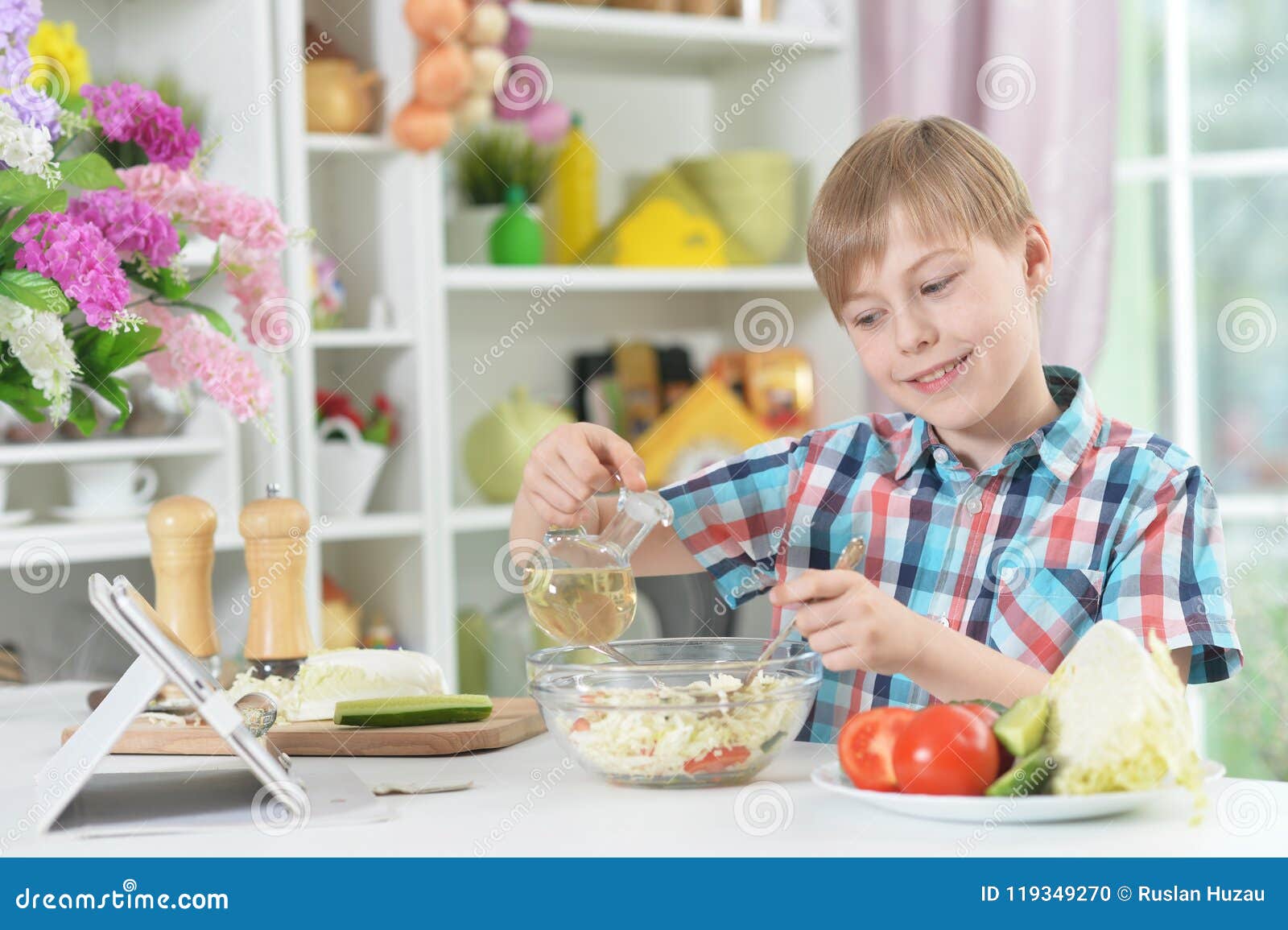 Cute Little Boy Making Dinner Stock Photo - Image of diet, people ...