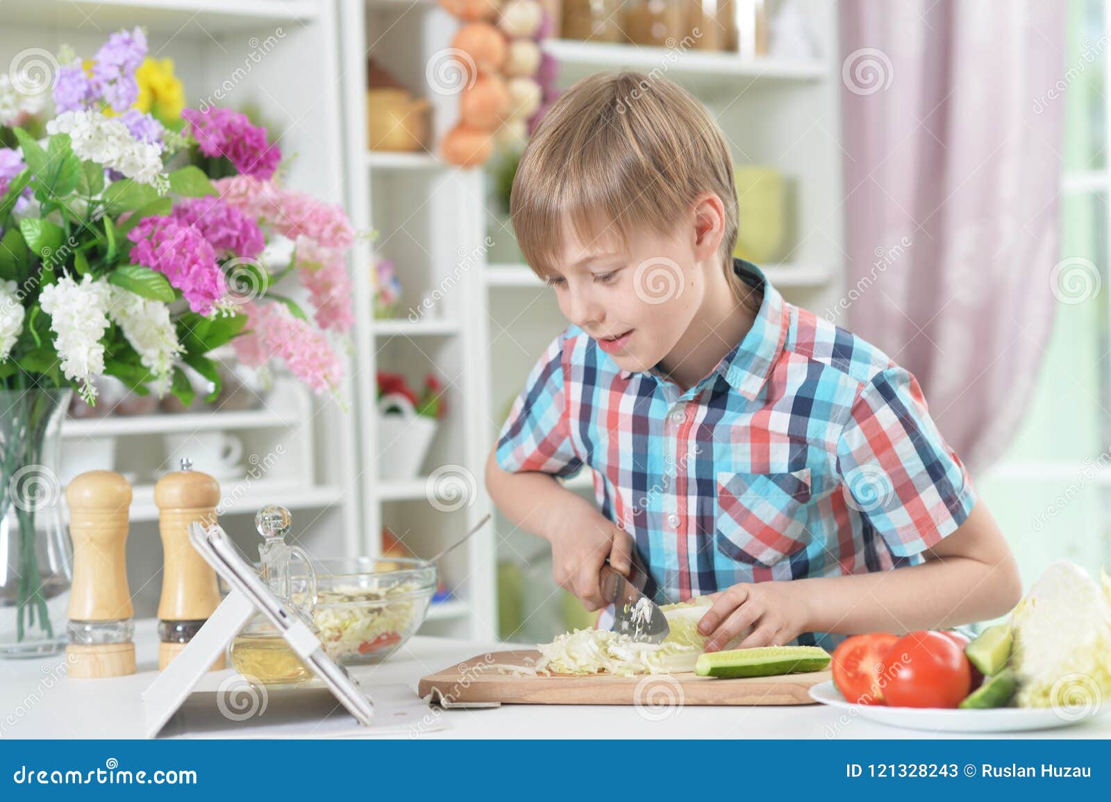 Cute Little Boy Making Dinner Stock Image - Image of health, diet ...
