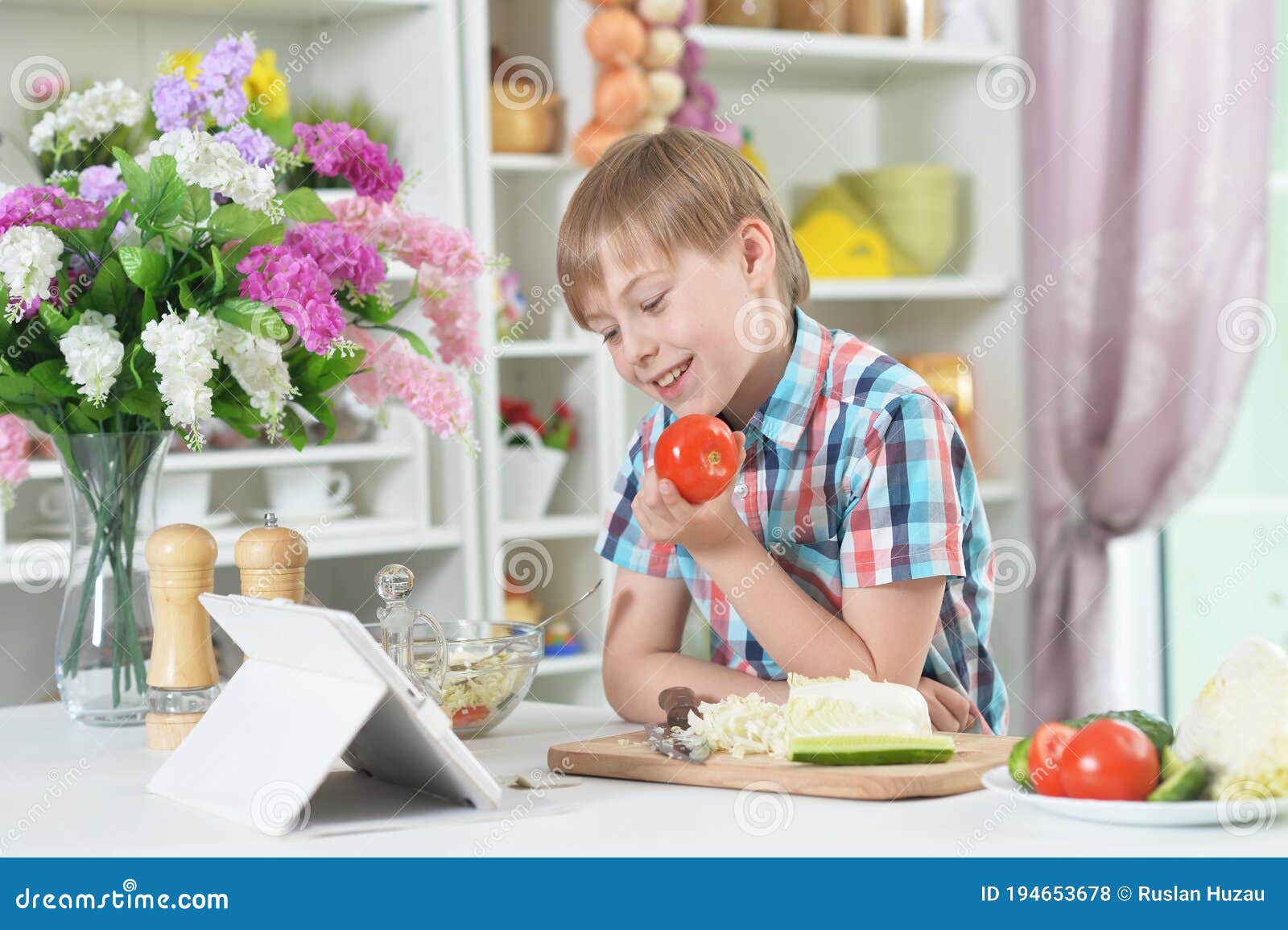 Portrait of Cute Little Boy Making Dinner Stock Photo - Image of food ...