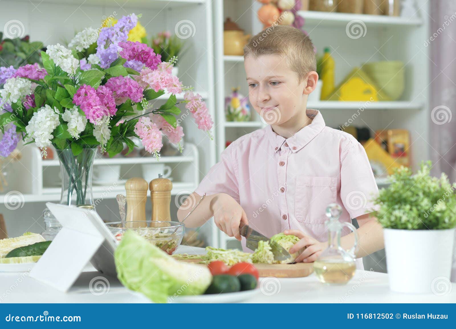 Cute Little Boy Making Dinner Stock Photo - Image of male, childhood ...