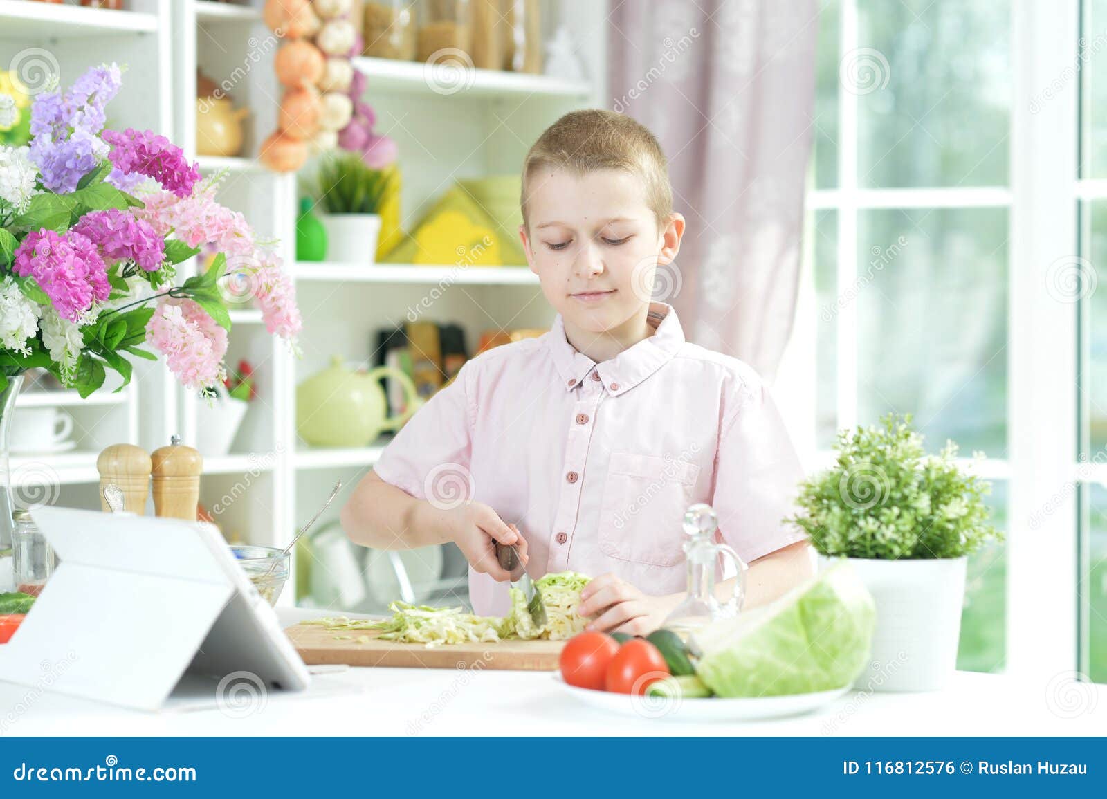 Cute Little Boy Making Dinner Stock Photo - Image of lifestyle, kitchen ...