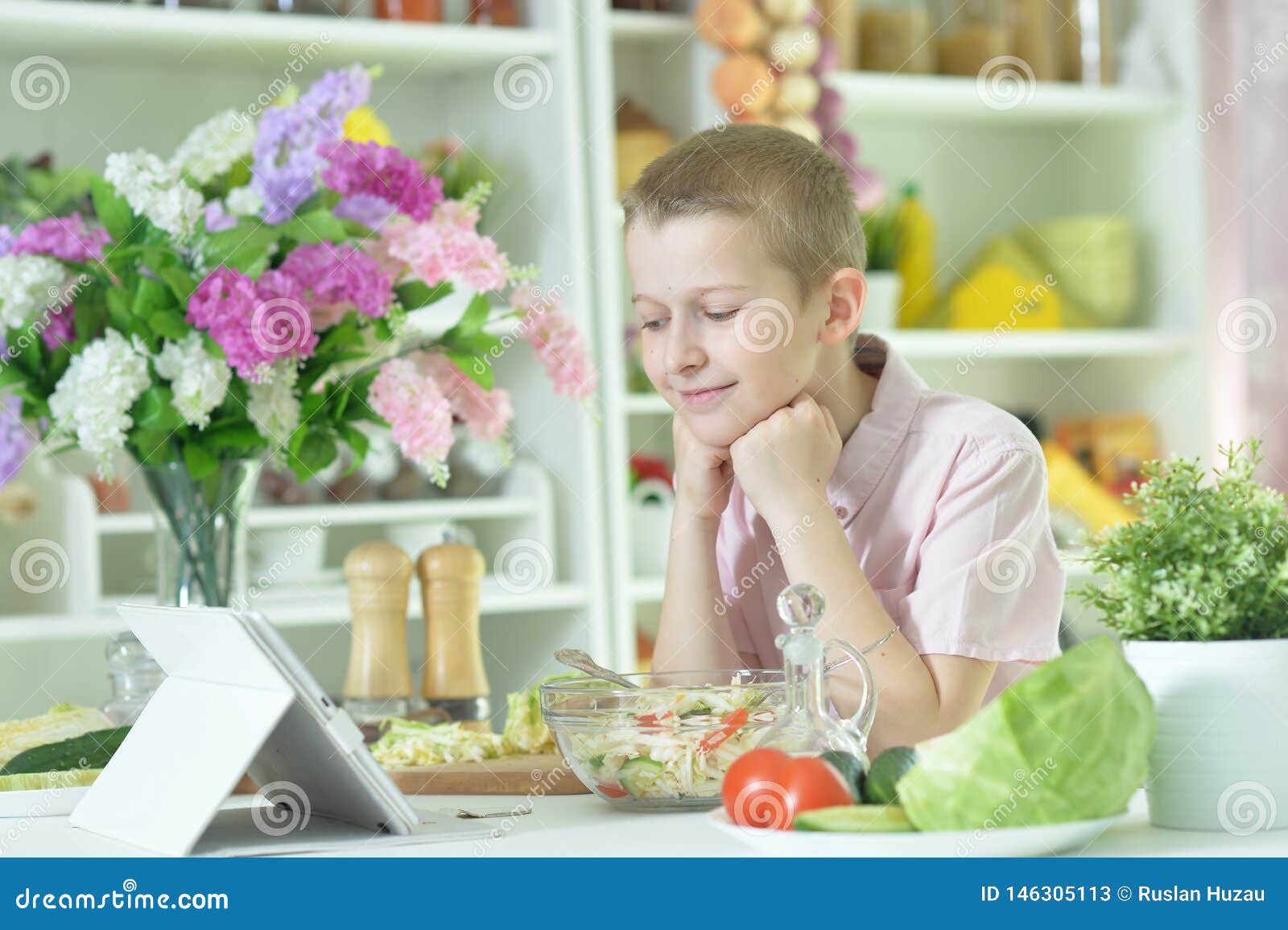 Portrait of Cute Little Boy Making Dinner Stock Image - Image of people ...