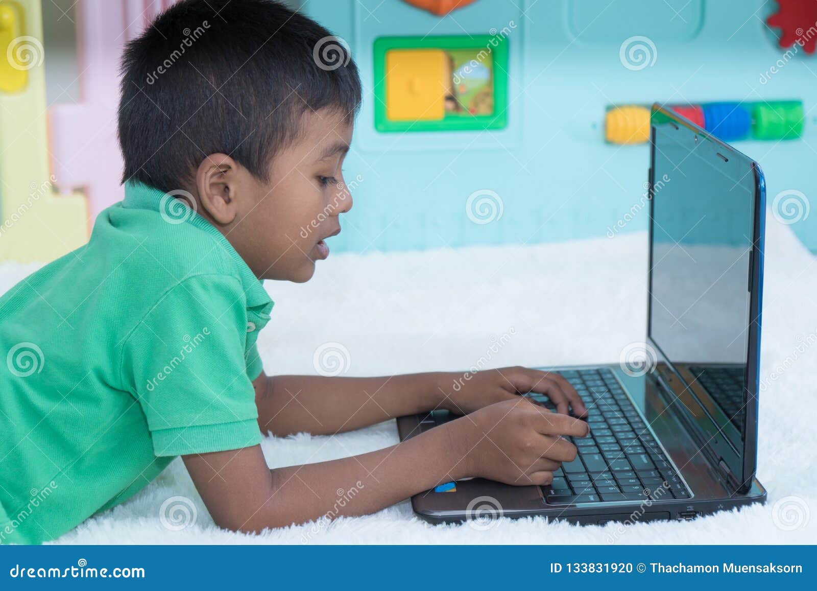 Cute Little Boy Play Computer Stock Photo - Image of child ...