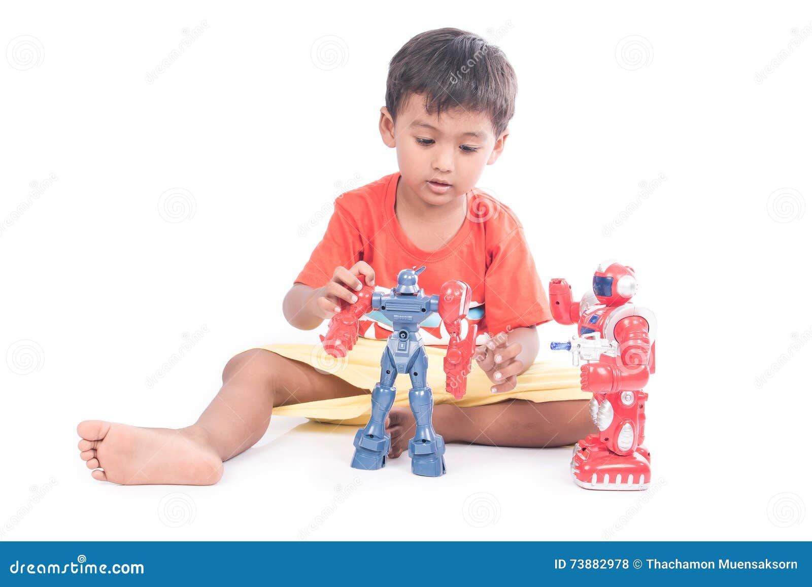 Cute Little Boy Play Robot Fighting Stock Photo - Image of studio ...